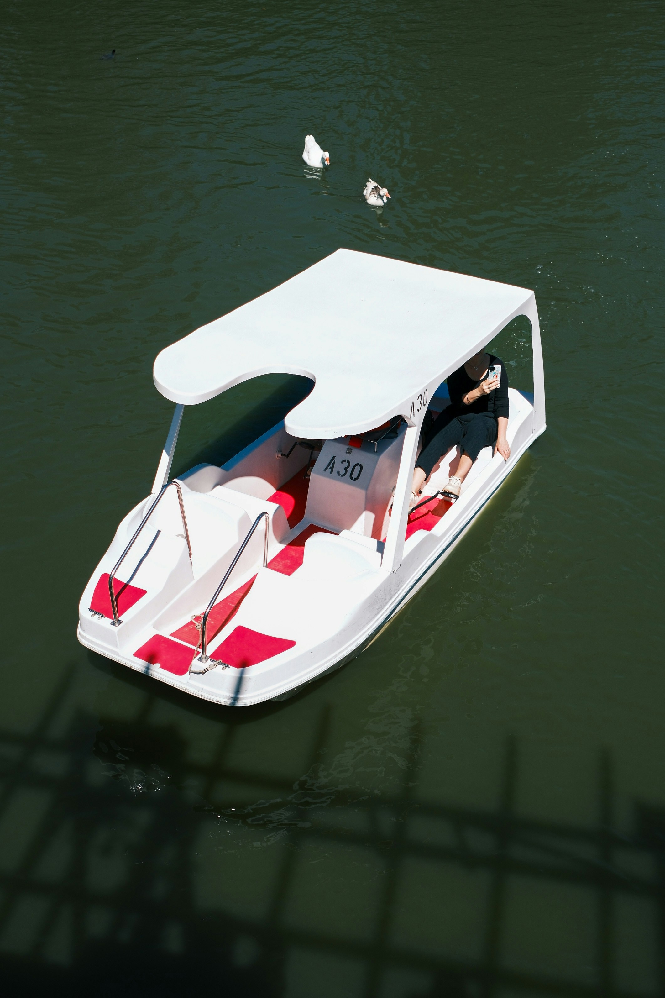 Emerald Waterscape: A White Pedal Boat Under a Curved Canopy
