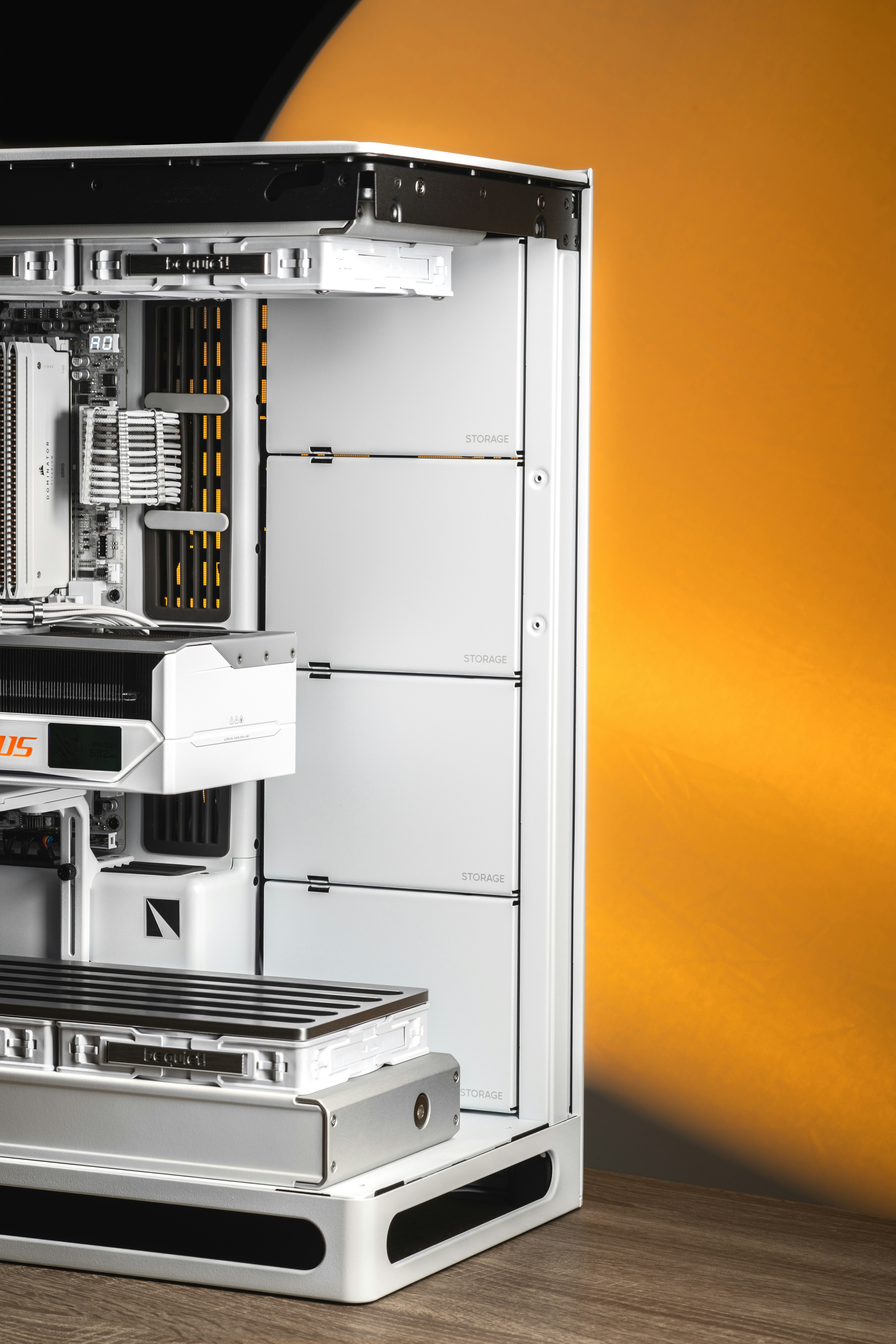 Exterior of a white server chassis exposed to warm studio light