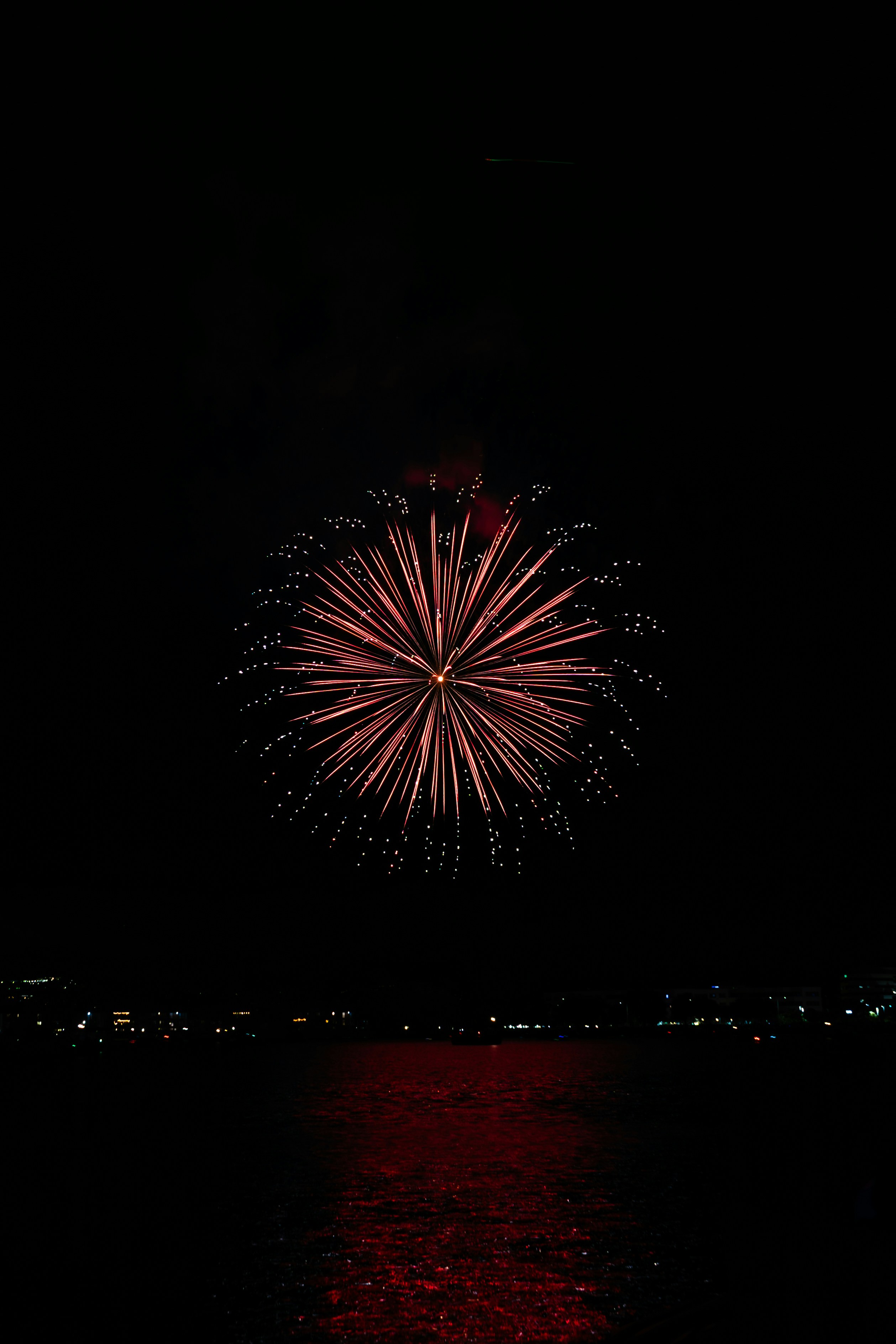 Vibrant fireworks bursting in a circular pattern over a reflective body of water at night.