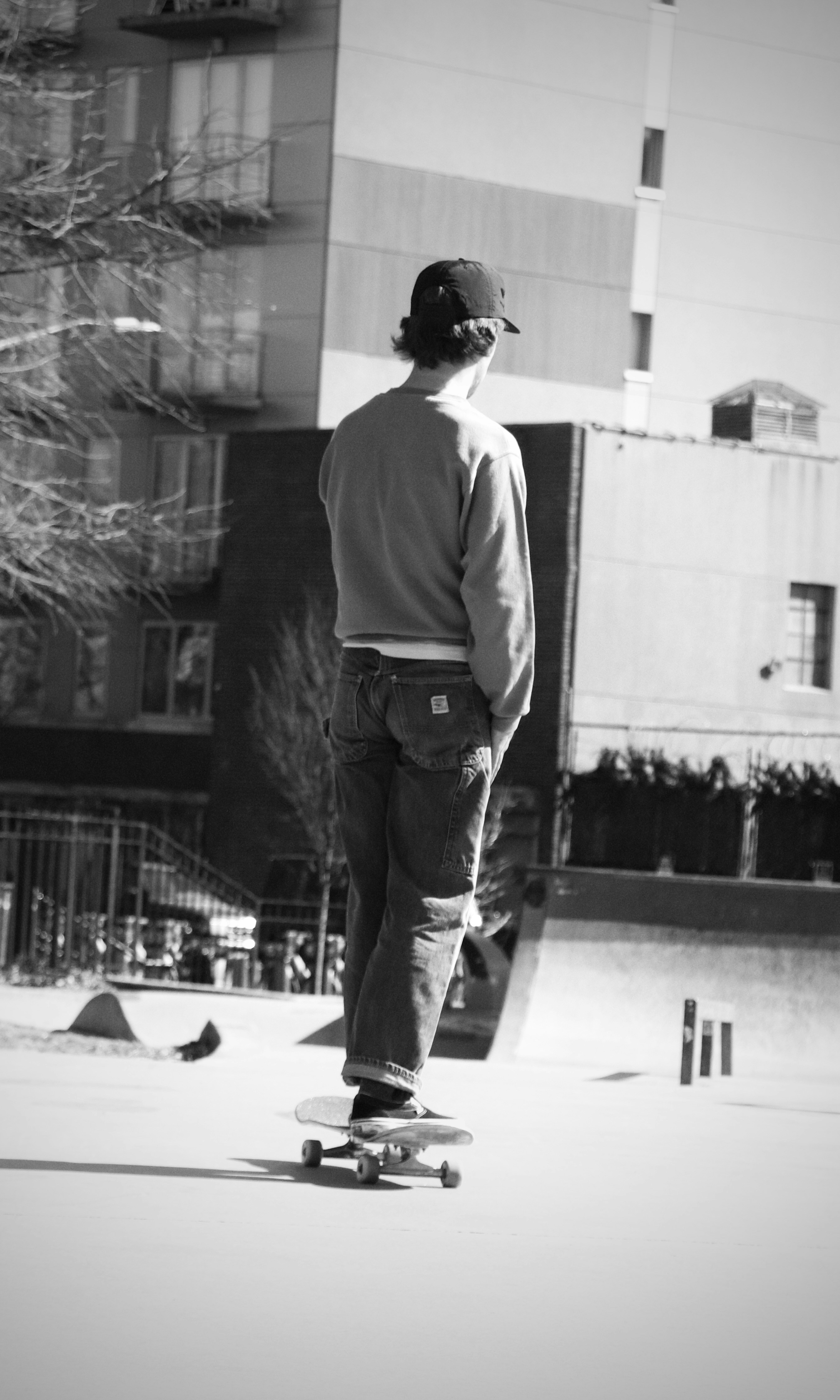 Grayscale Glide: Back-turned Skater in a Quiet Urban Skatepark
