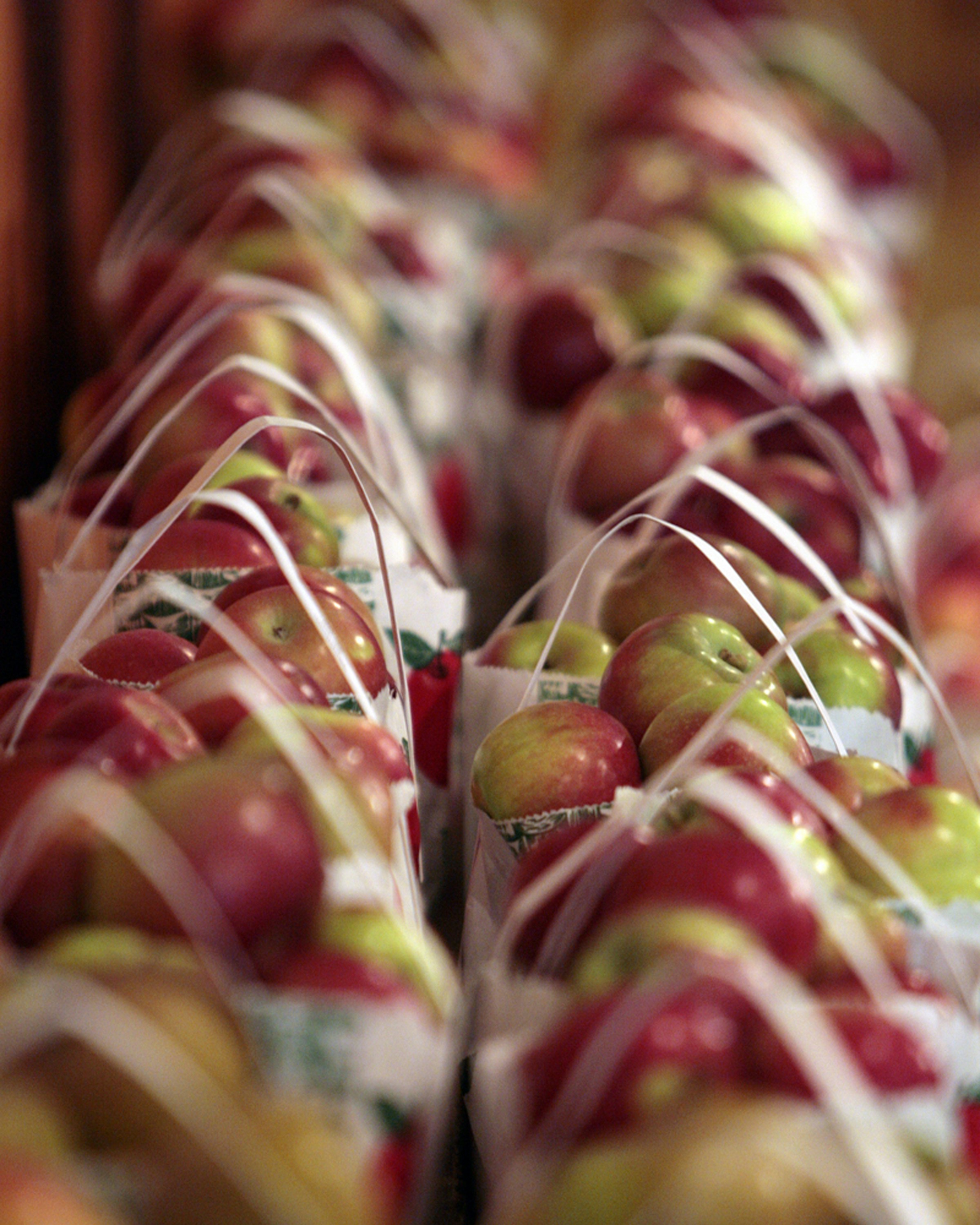 Rows of Market Apples in Paper Bags: A Symmetrical Aisle Portrait