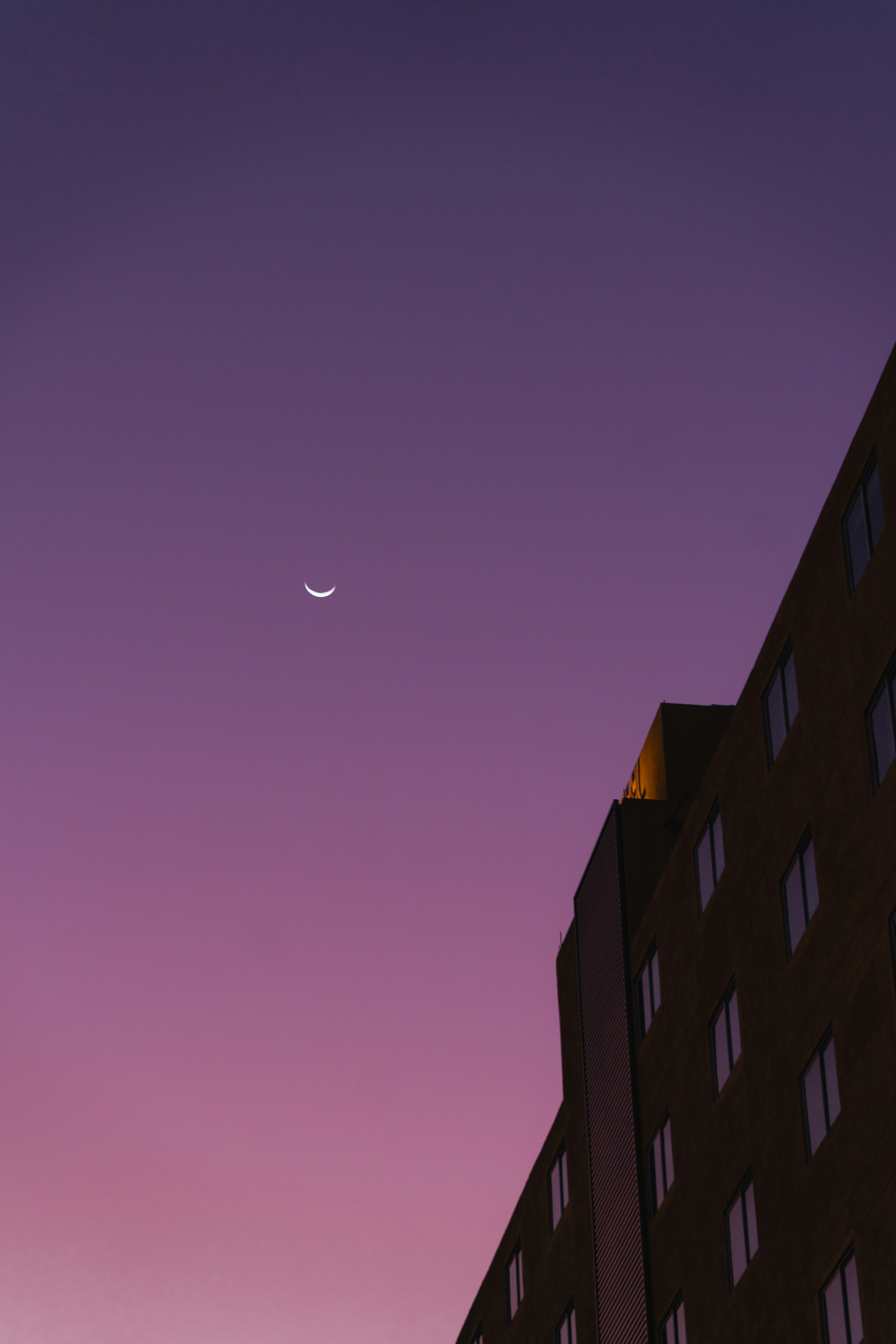 A delicate crescent moon hangs in a gradient sky, transitioning from deep purple to soft pink, with the silhouette of a modern building in the foreground.
