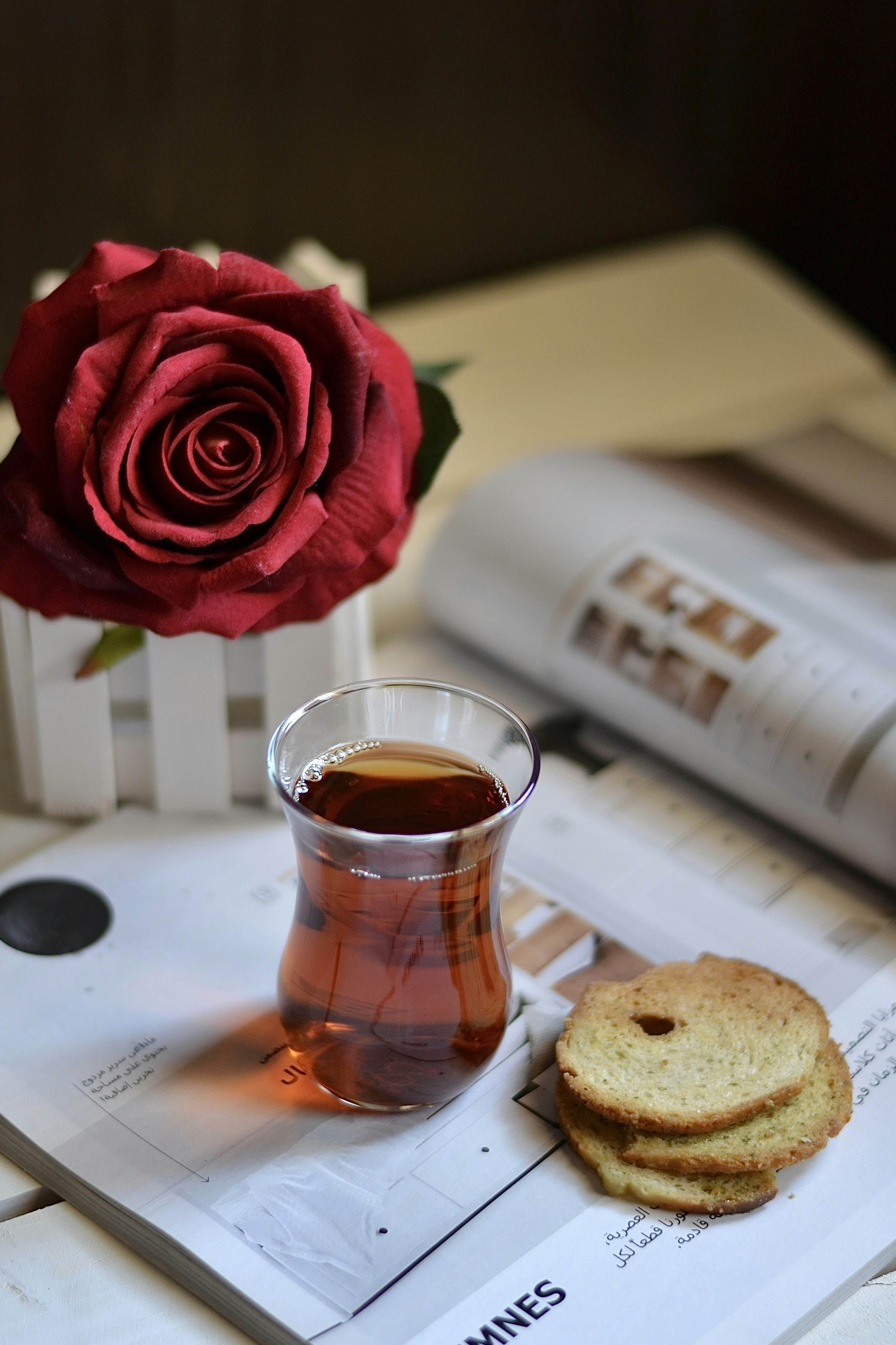 A Red Rose, Tea, and Biscuit Quietly Rest on a Magazine