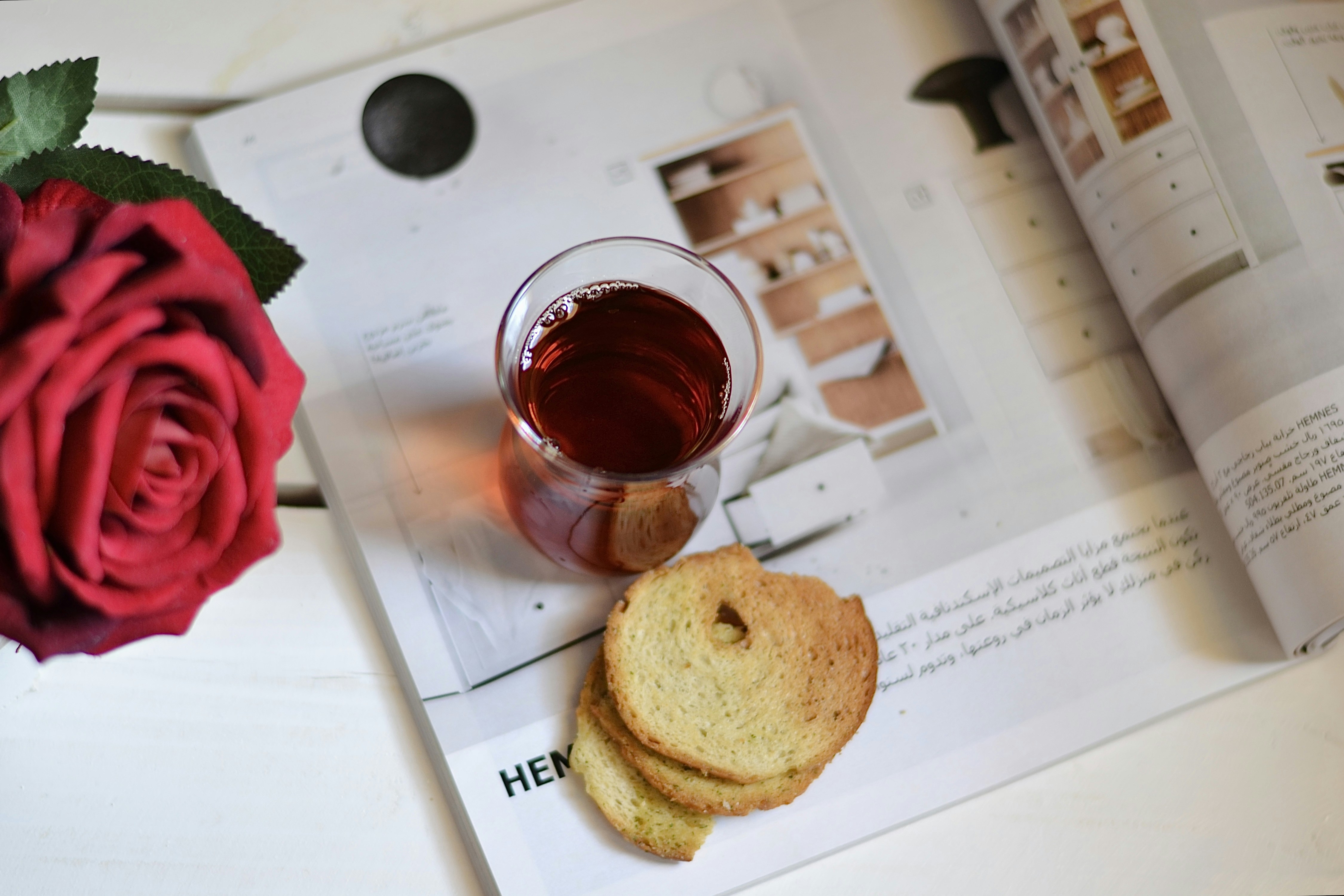 Crimson Rose, Glass of Red, and a Crunch of Biscuit on an Open Magazine