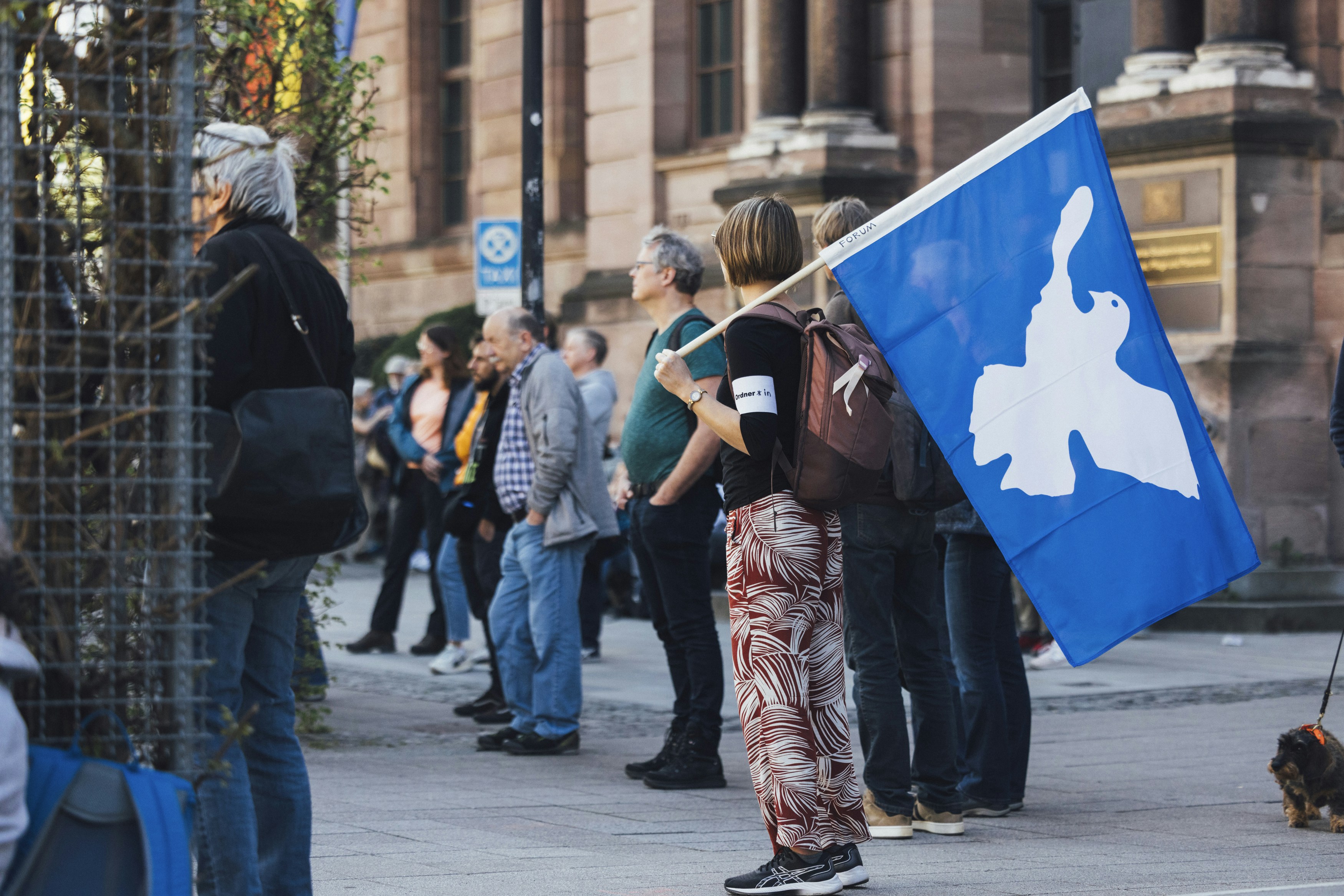 People stand in a line, holding a blue flag. photo – Free Usa Image on ...