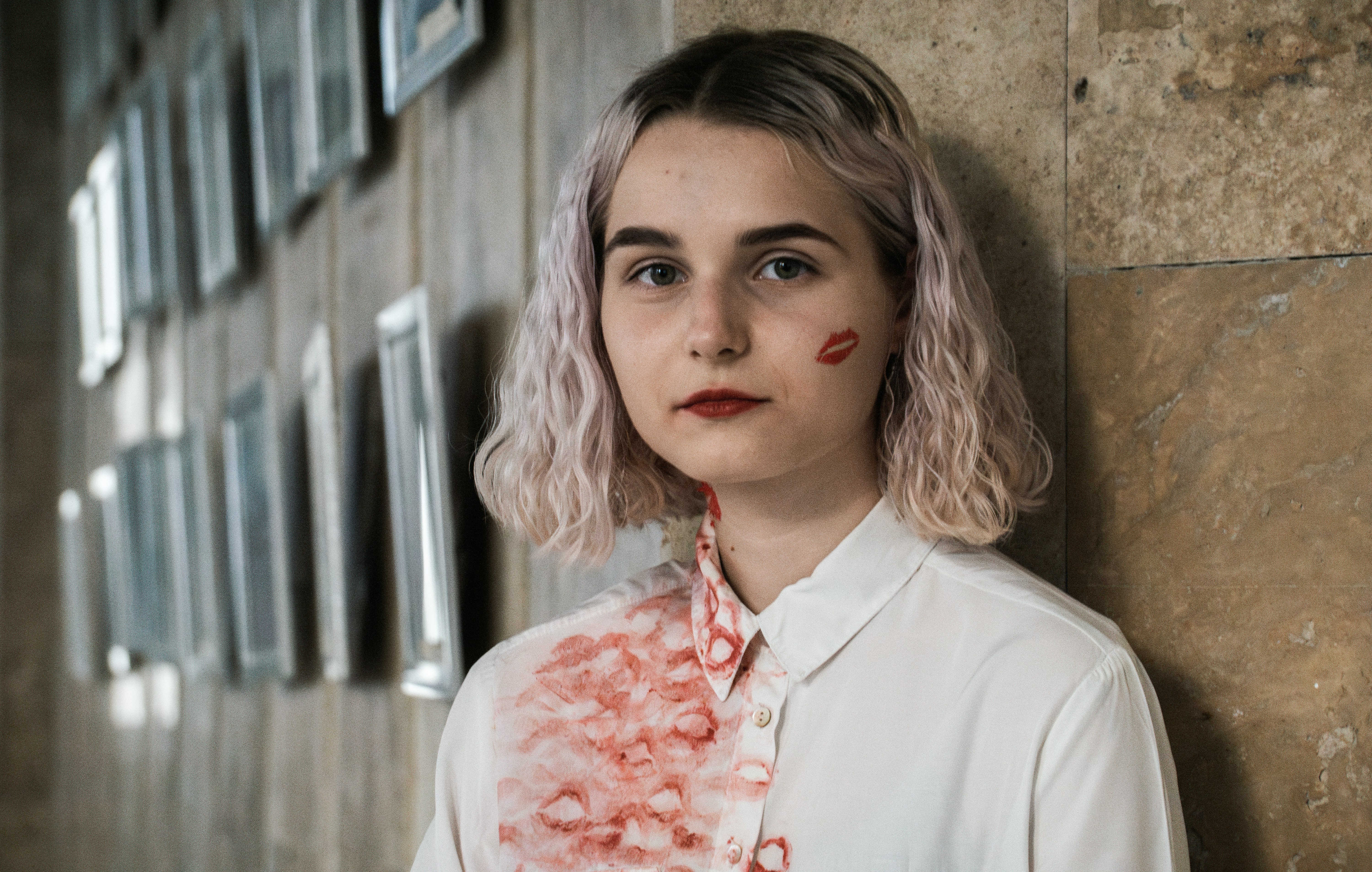 Woman with lipstick and a blood-like stain. photo – Free Portrait Image ...