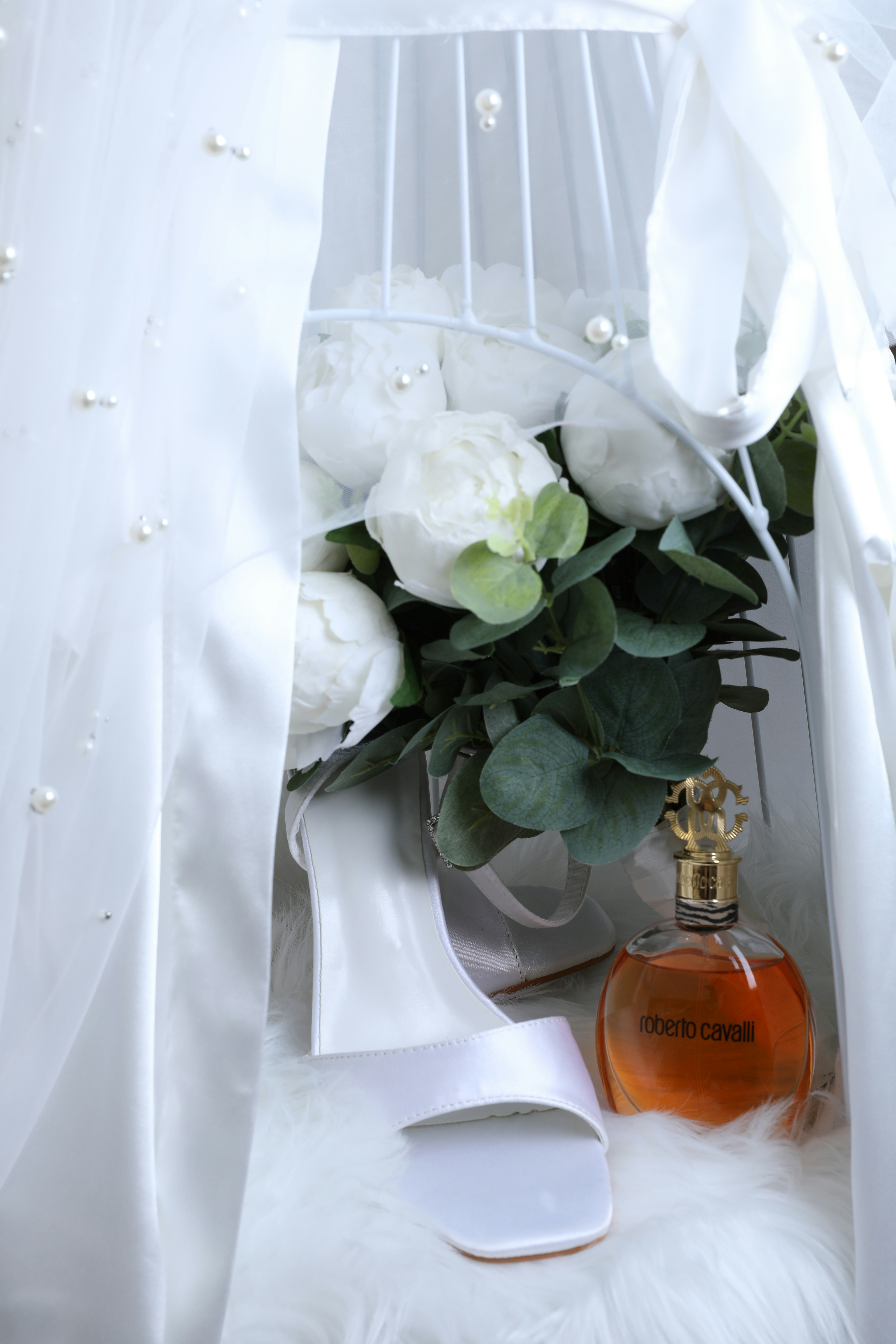 White Peony Bouquet and Perfume Caress in Satin Nook