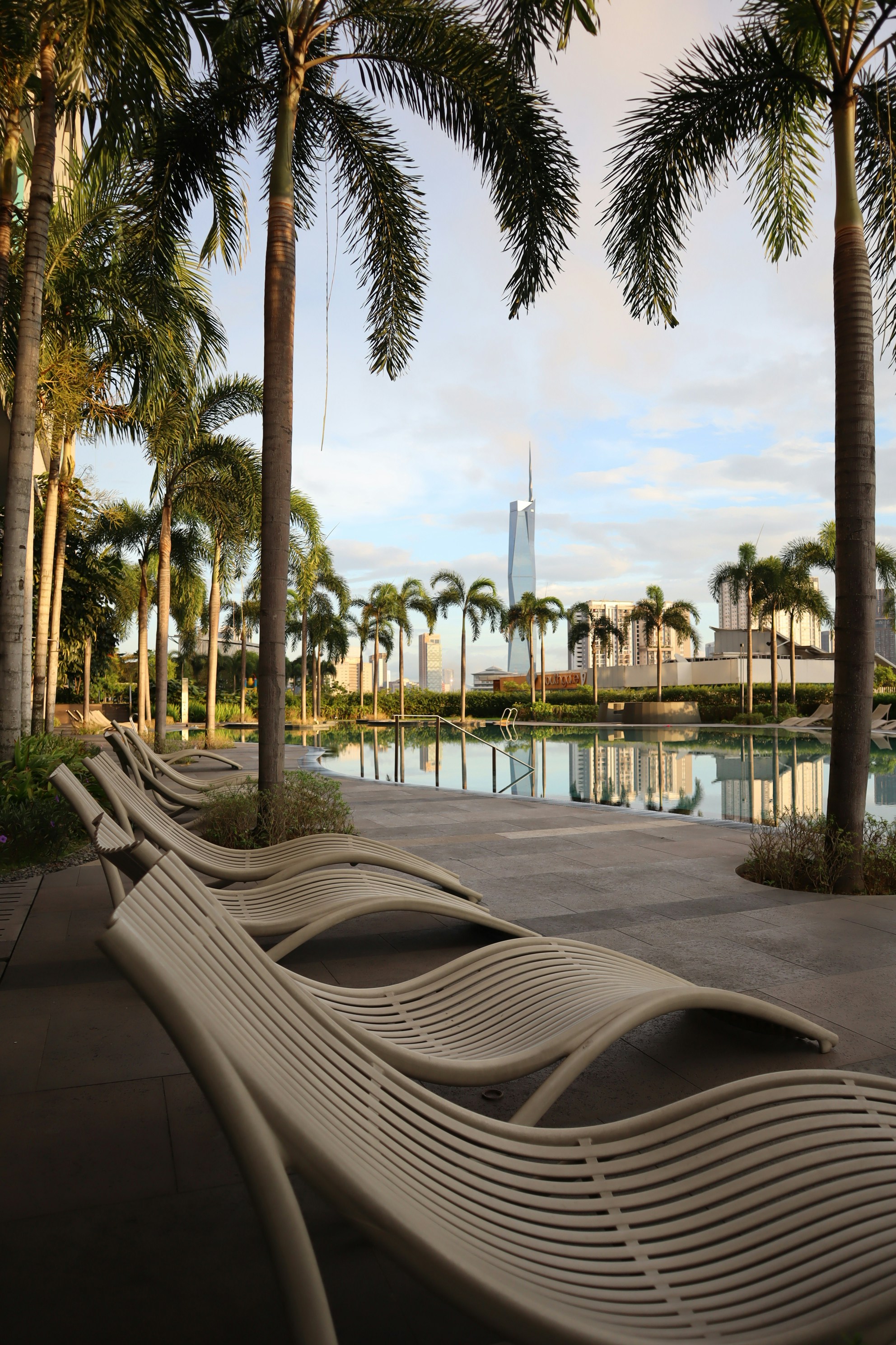 Lounge chairs line a tranquil poolside, framed by palm trees, with a city skyline in the background. The scene captures a peaceful retreat in an urban environment.