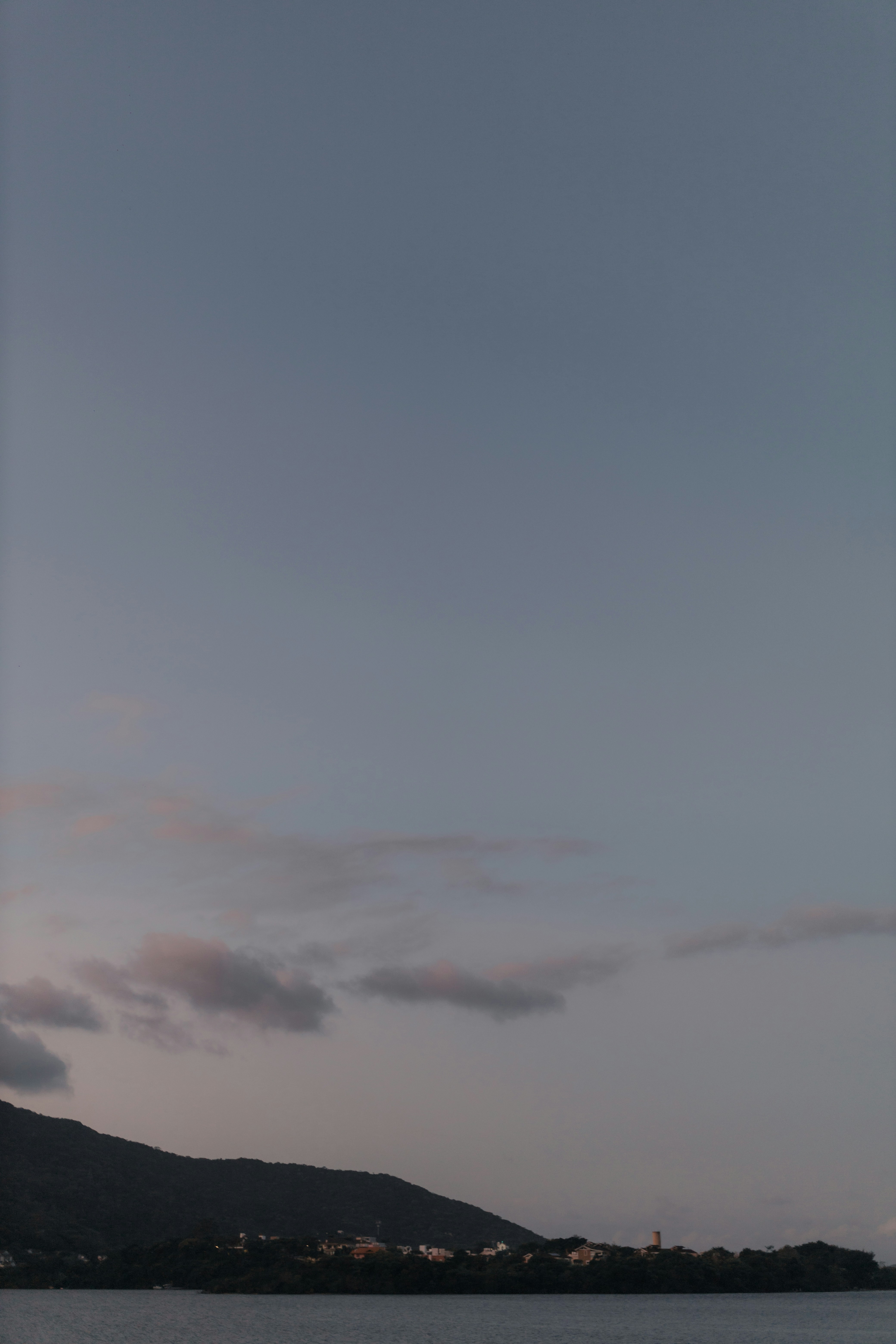 Mountains, sky, and water at dusk.