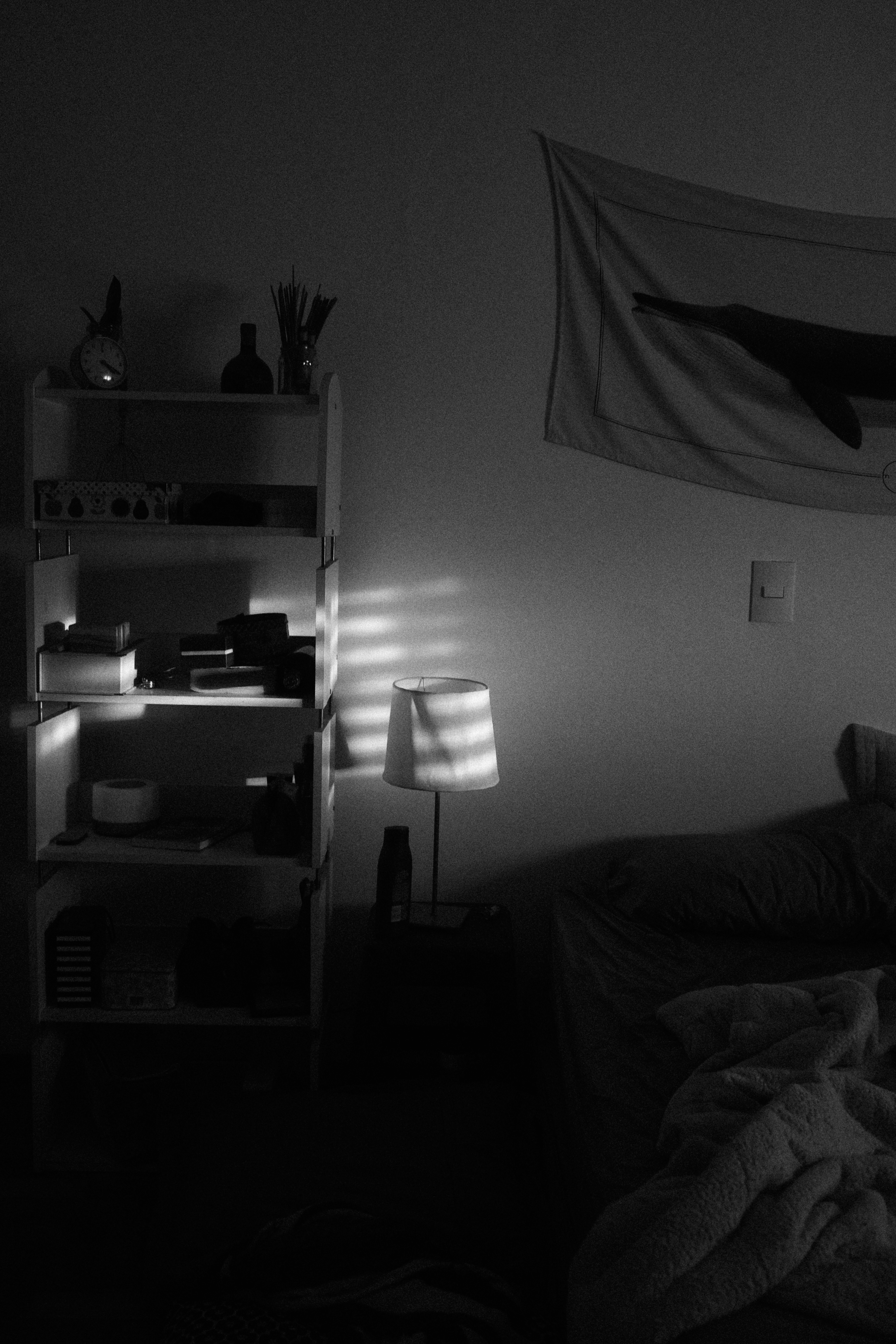 Monochrome Stillness: Lamplight and Shadow Across a Quiet Bedroom