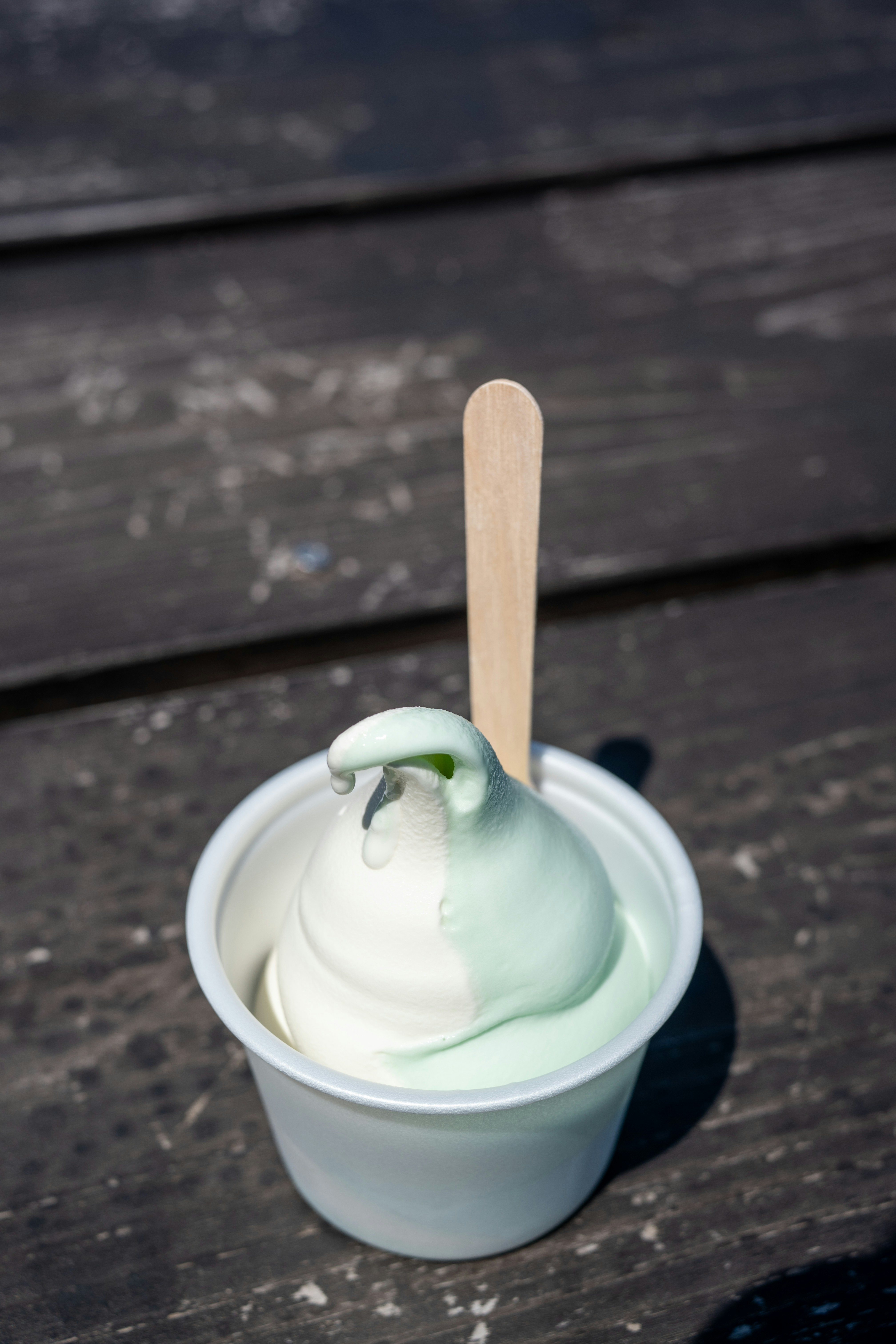 White cup of pale mint ice cream with a wooden popsicle stick sits on a sunlit, weathered wooden deck.