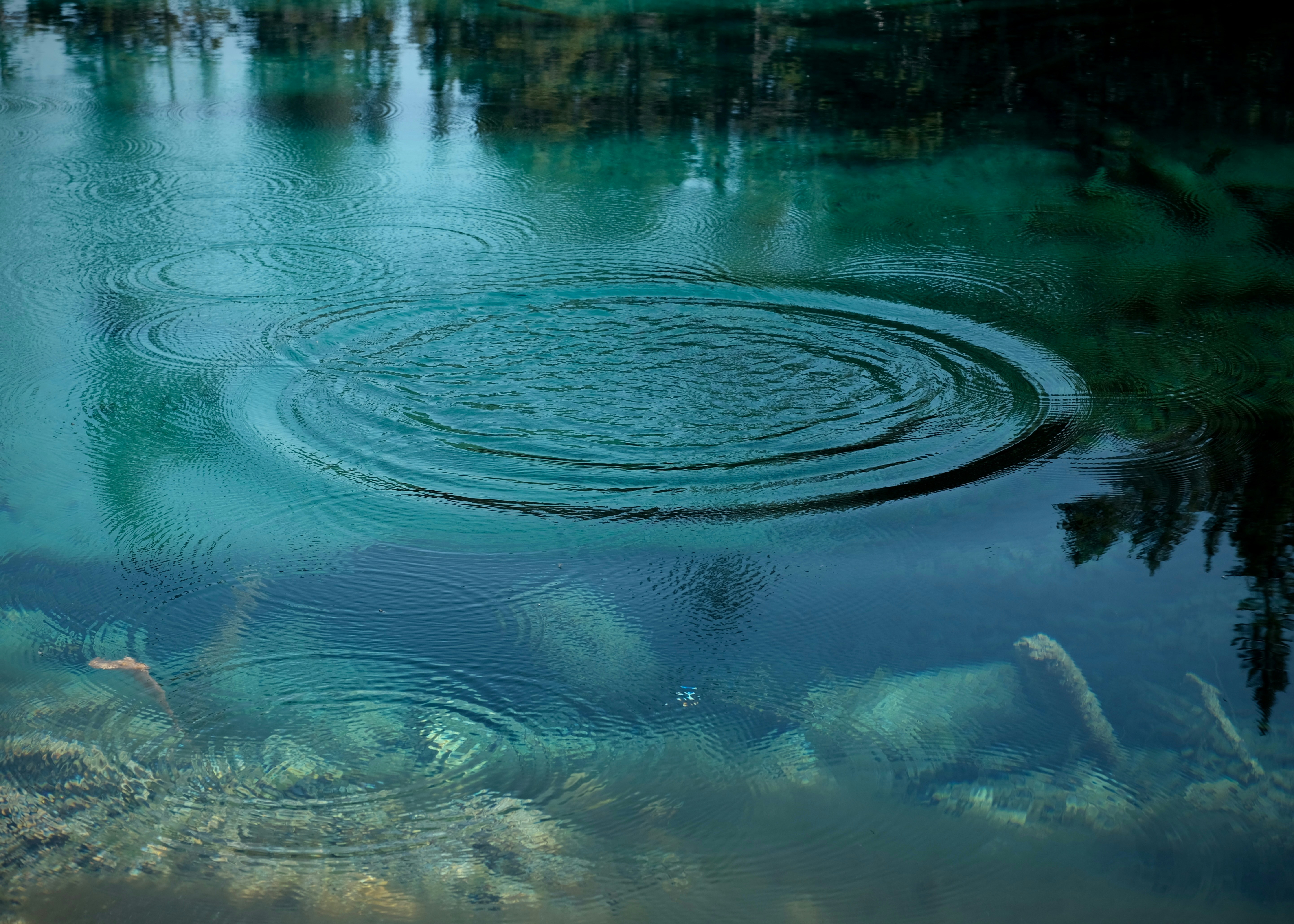 Ripples spread on a calm, turquoise body of water.
