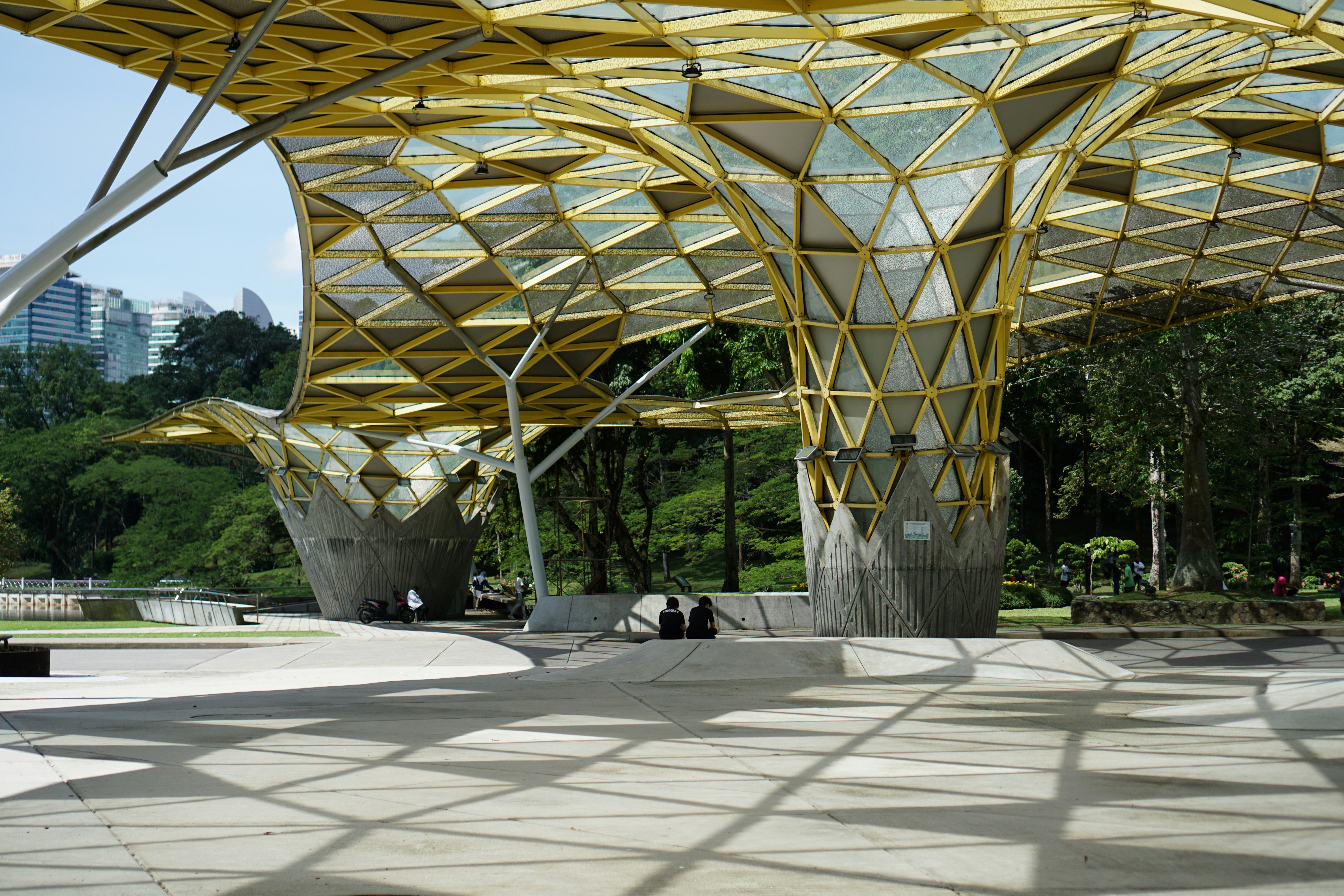 An architectural pavilion with an intricate geometric roof. photo ...