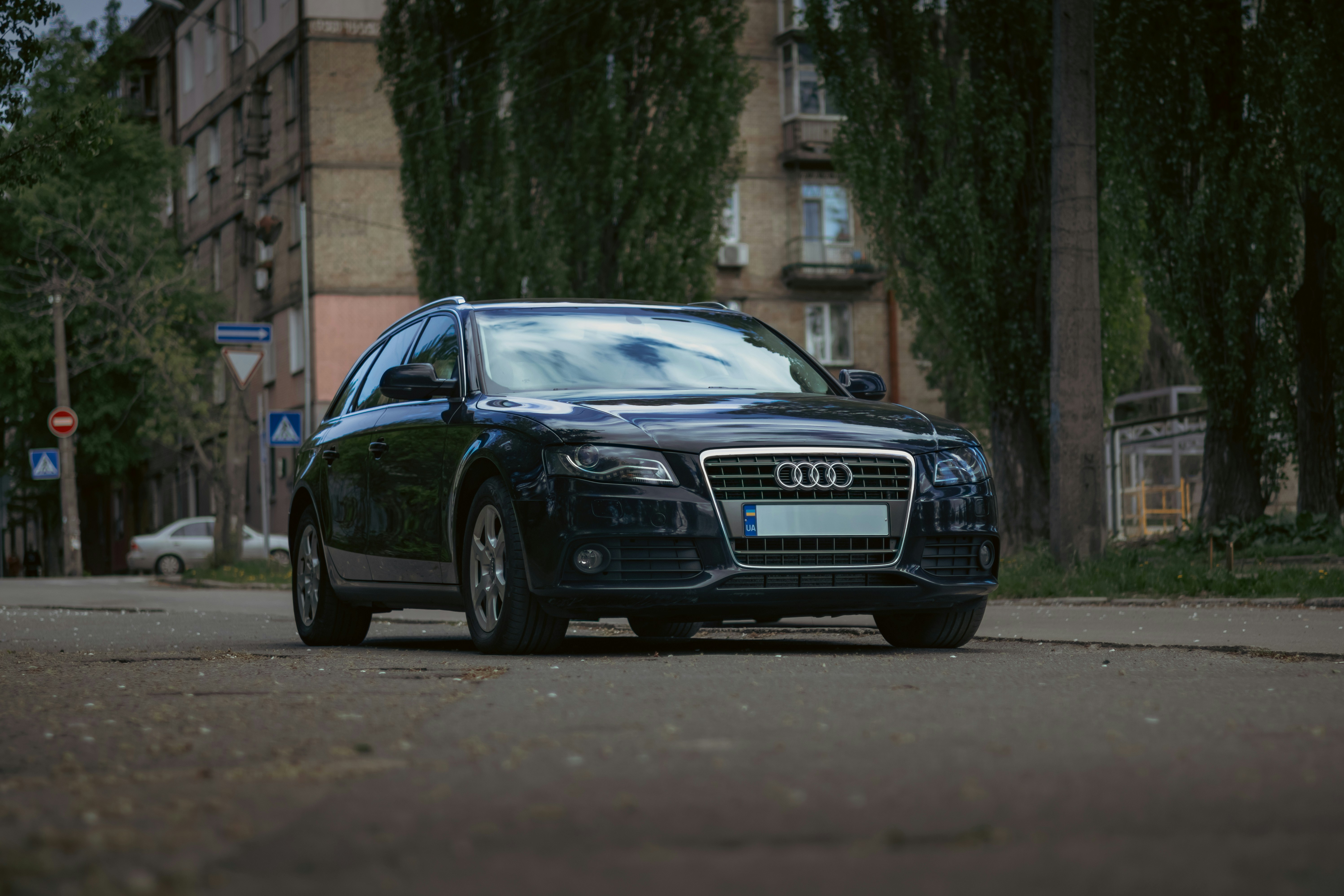 Low-Angle Stance: Audi sedan on a quiet, tree-lined street