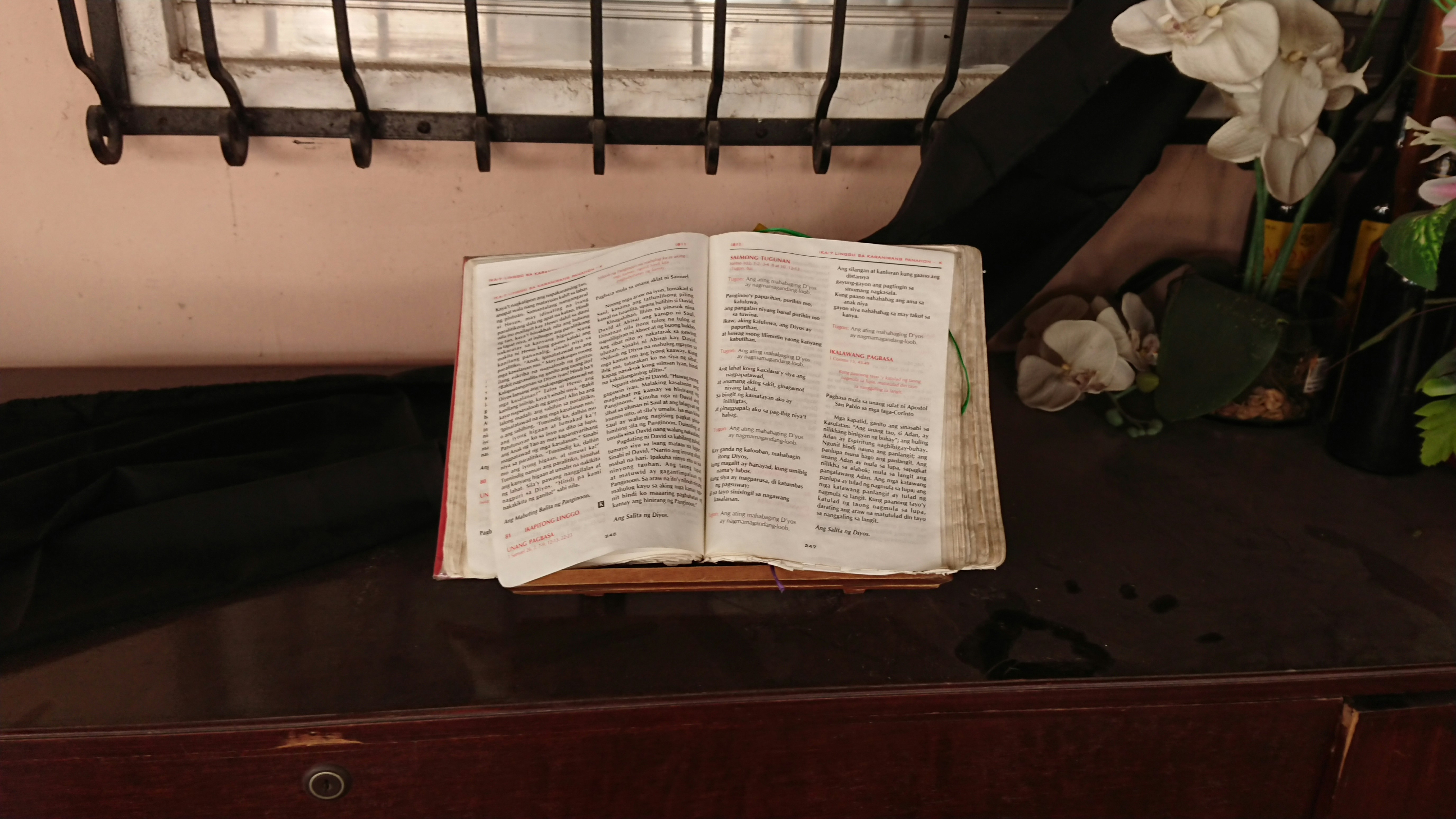 An open bible sits on a wooden surface.