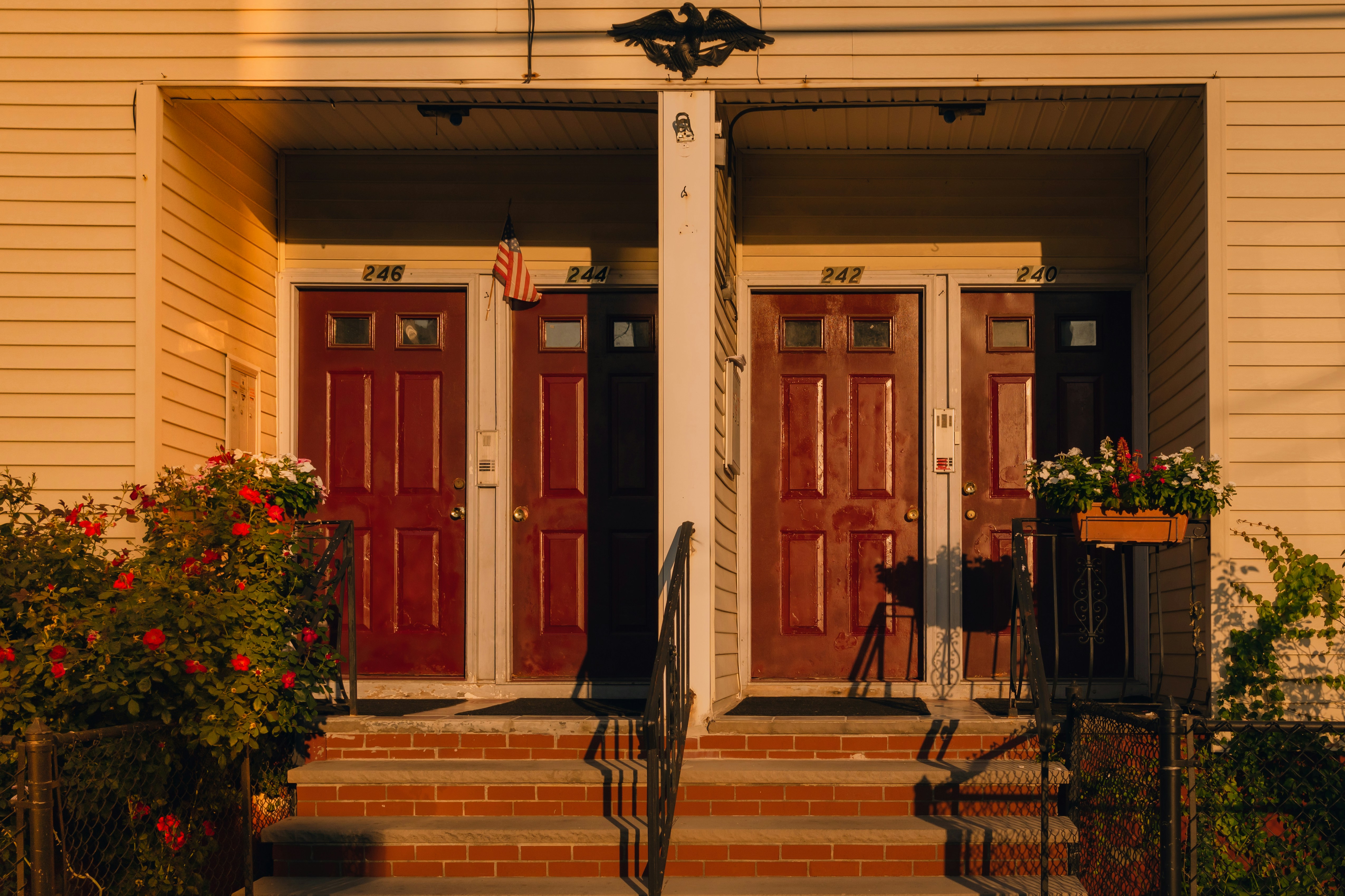 Golden Hour on the Row: Central Column Framing Red Doors