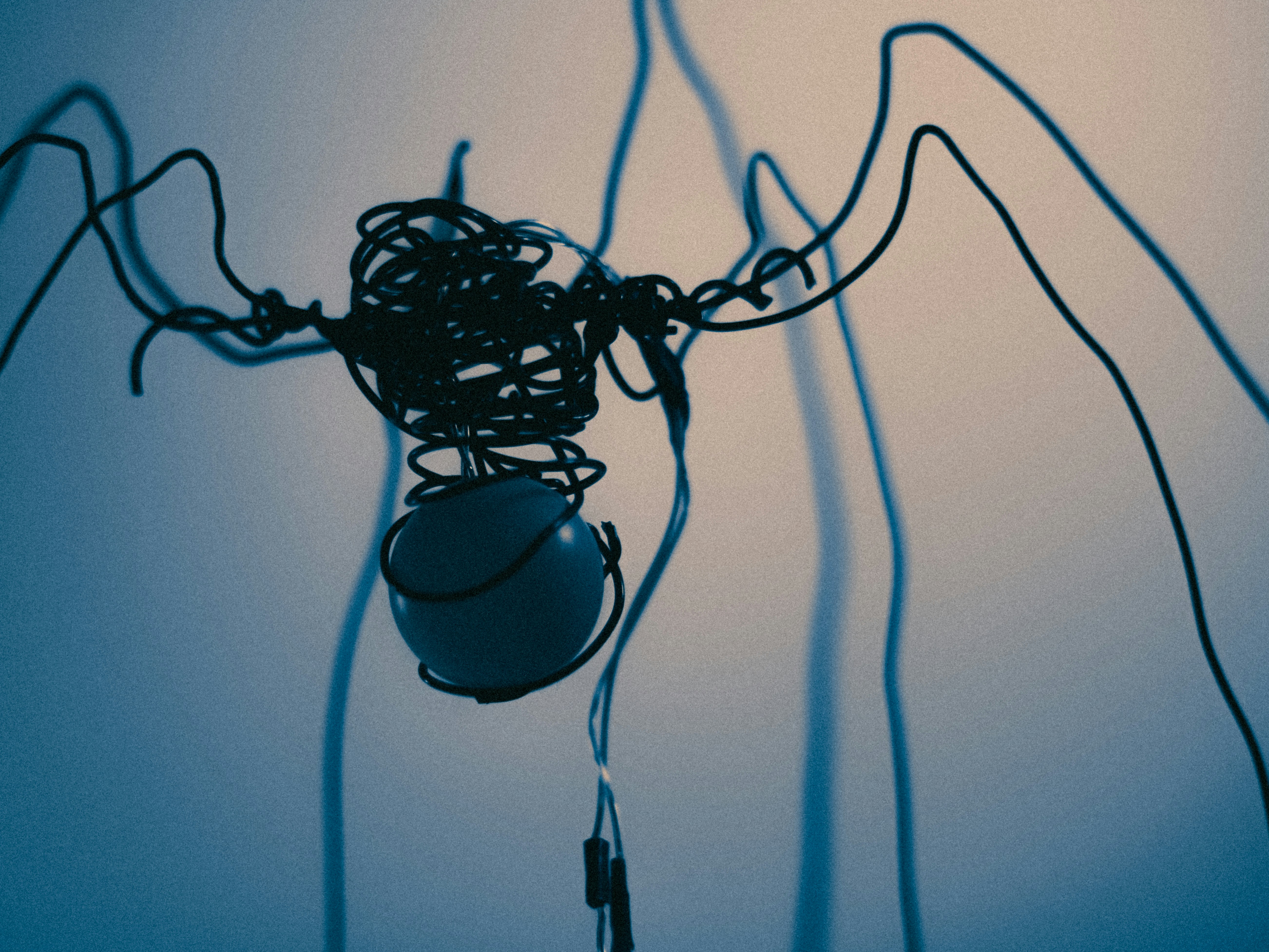 Tangled Spotlight: A Dark Orb Suspended in Neon Blue Threads