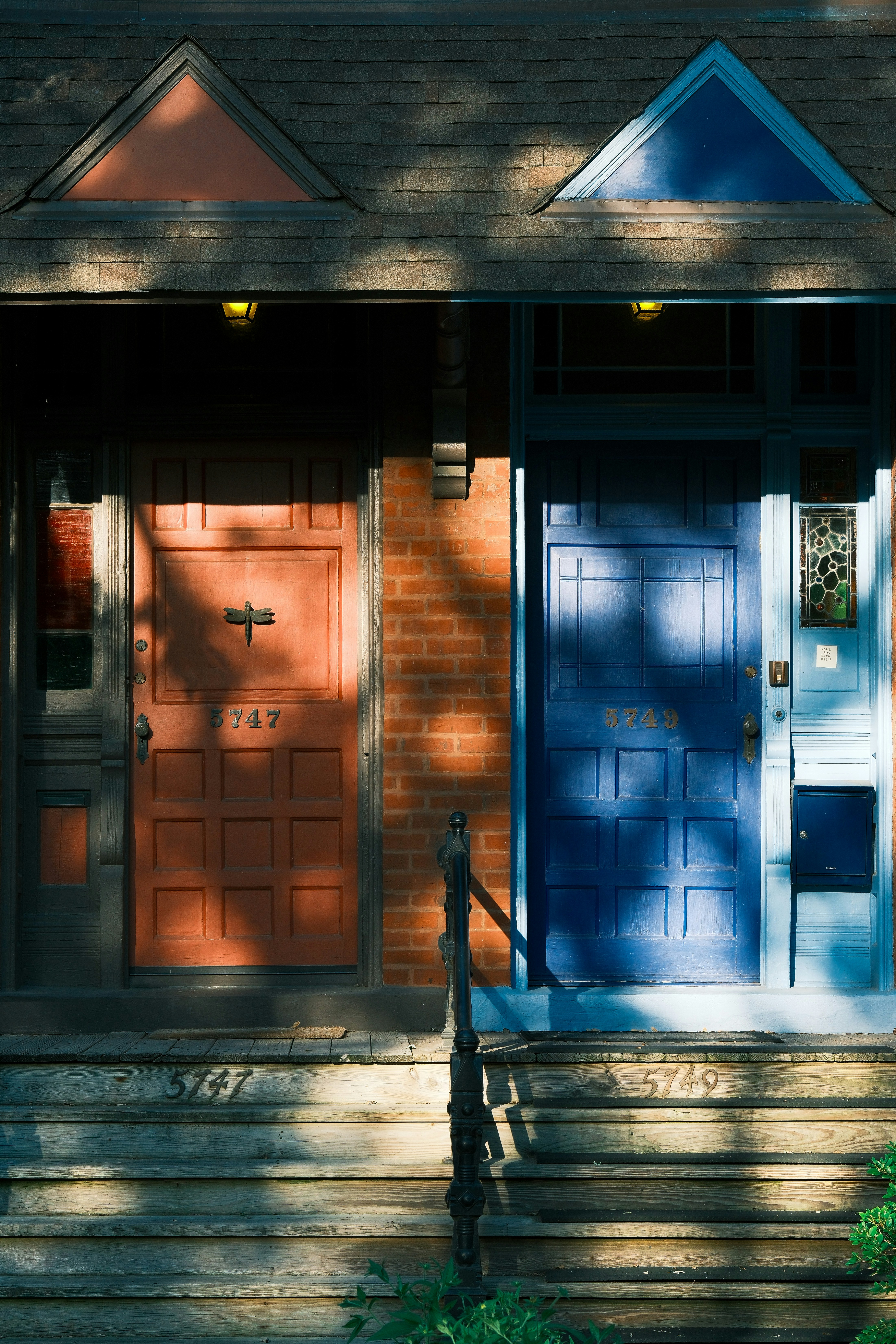 Cobalt and Brick: A Quiet Color Duel on a Shaded Porch