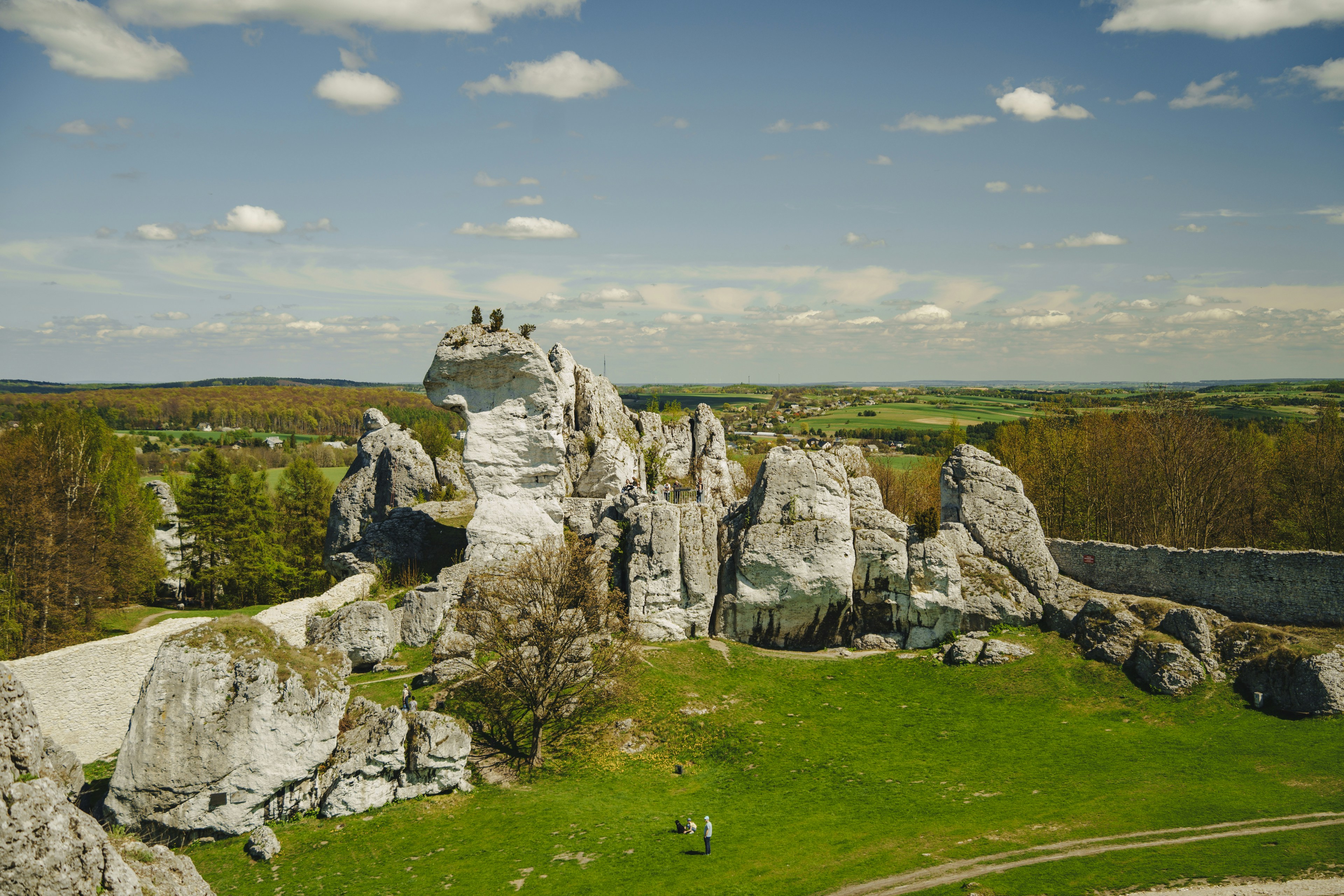 Ancient, weathered rock formations overlook a lush landscape.