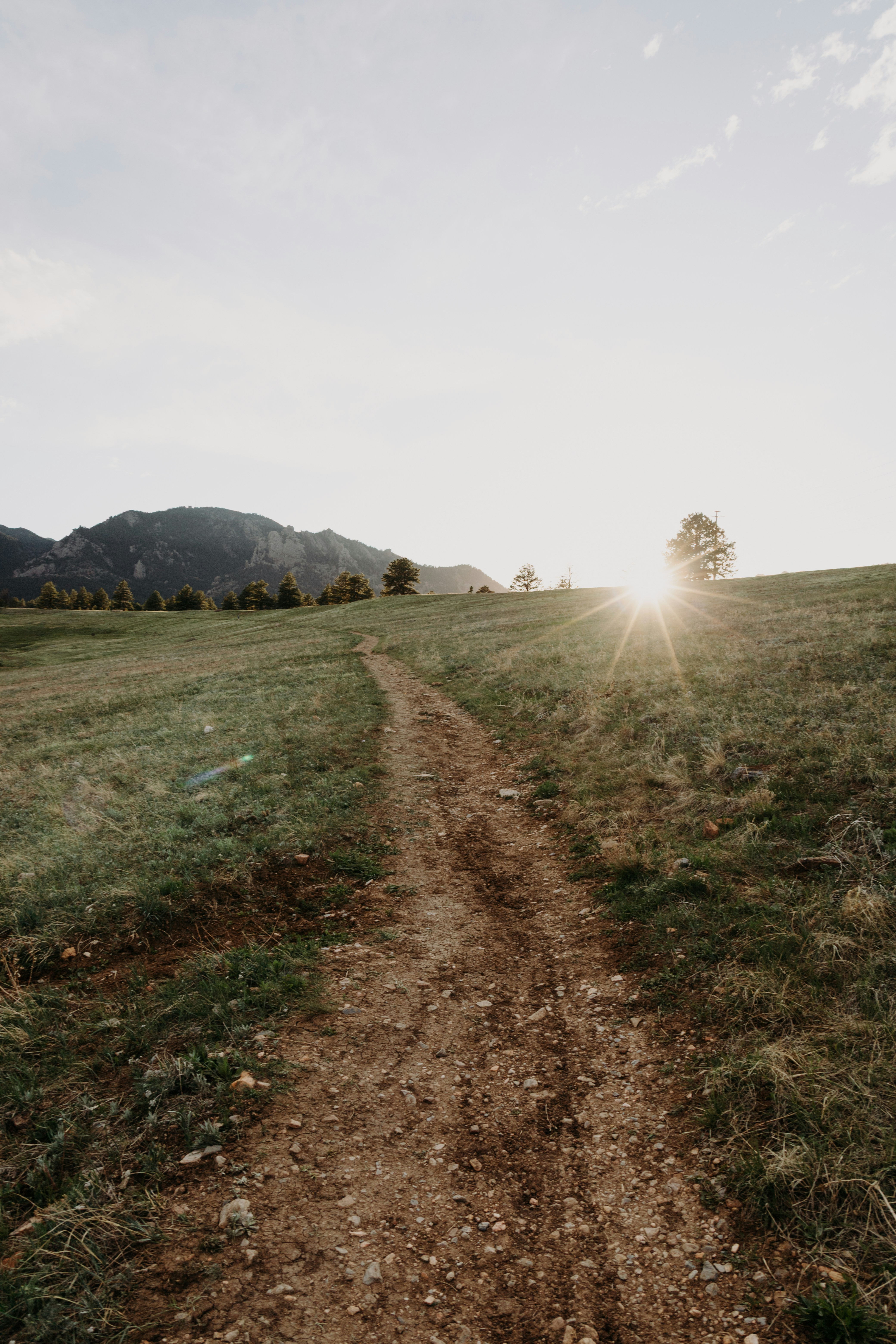 A dirt path leads towards the setting sun.