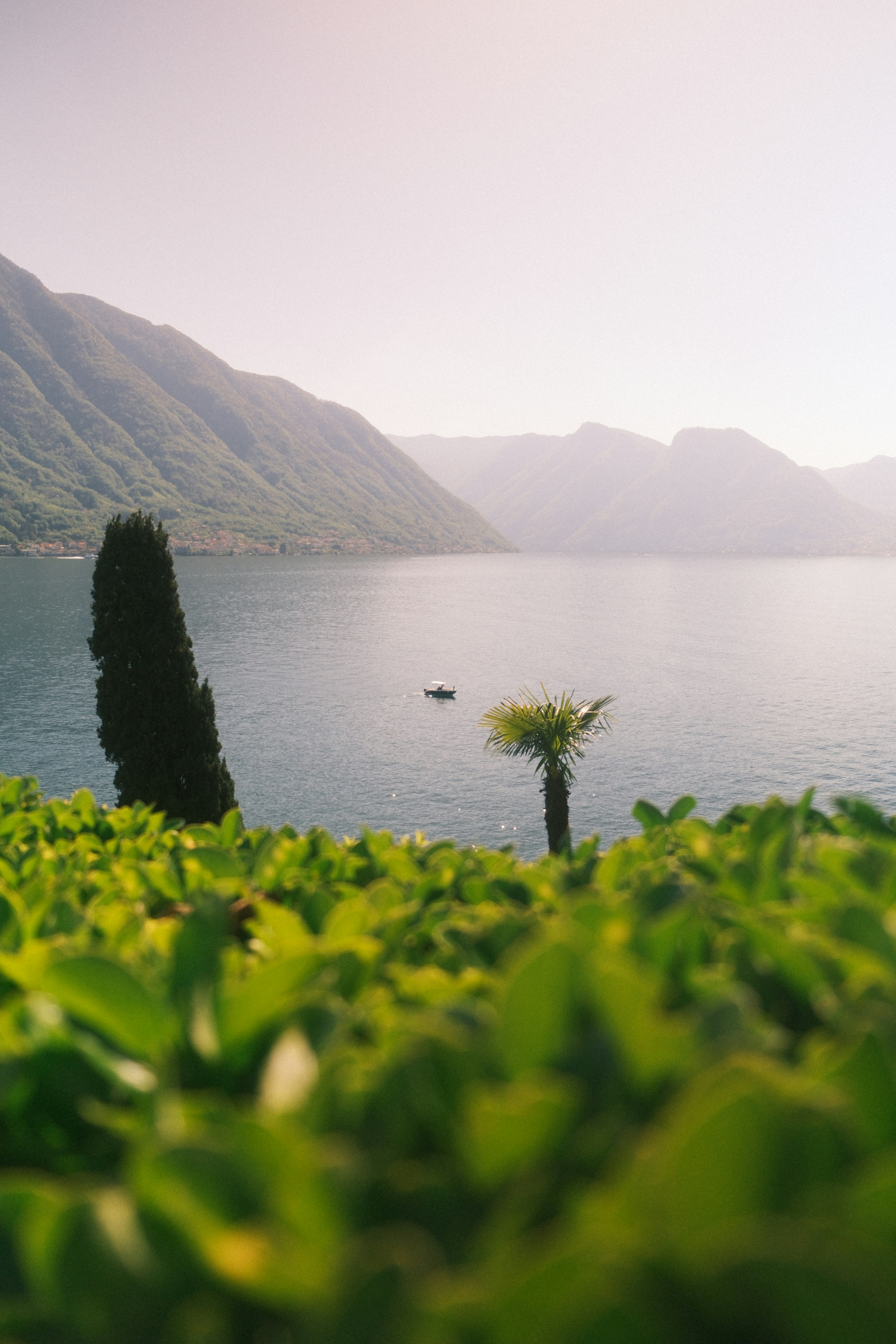 Lush green scenery overlooks a serene lake and mountains.