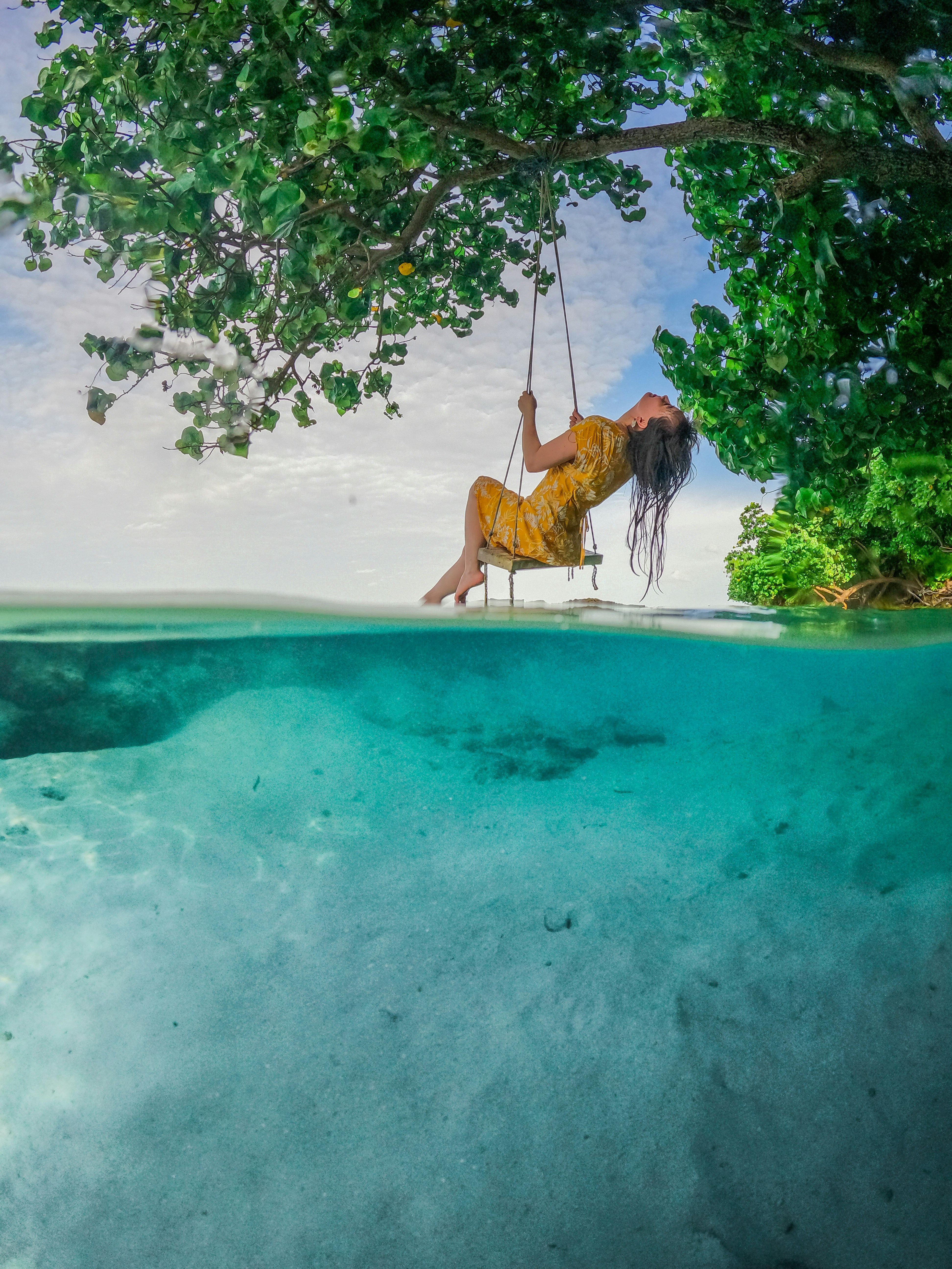 A woman in a yellow dress swings from a tree over turquoise tropical water, framed by a lush canopy in a dramatic split-level view.