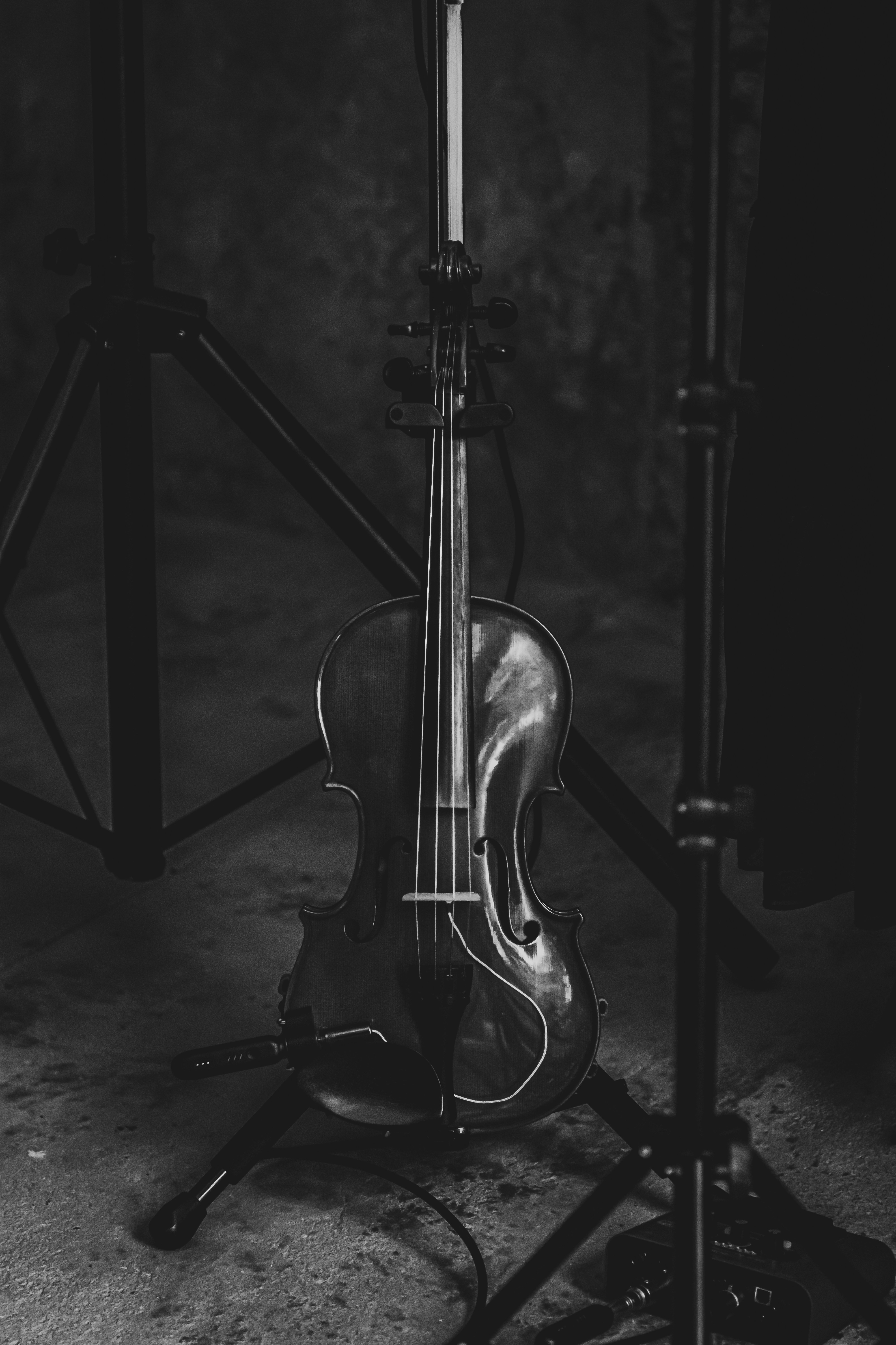 A violin is displayed on a stand in the dark.