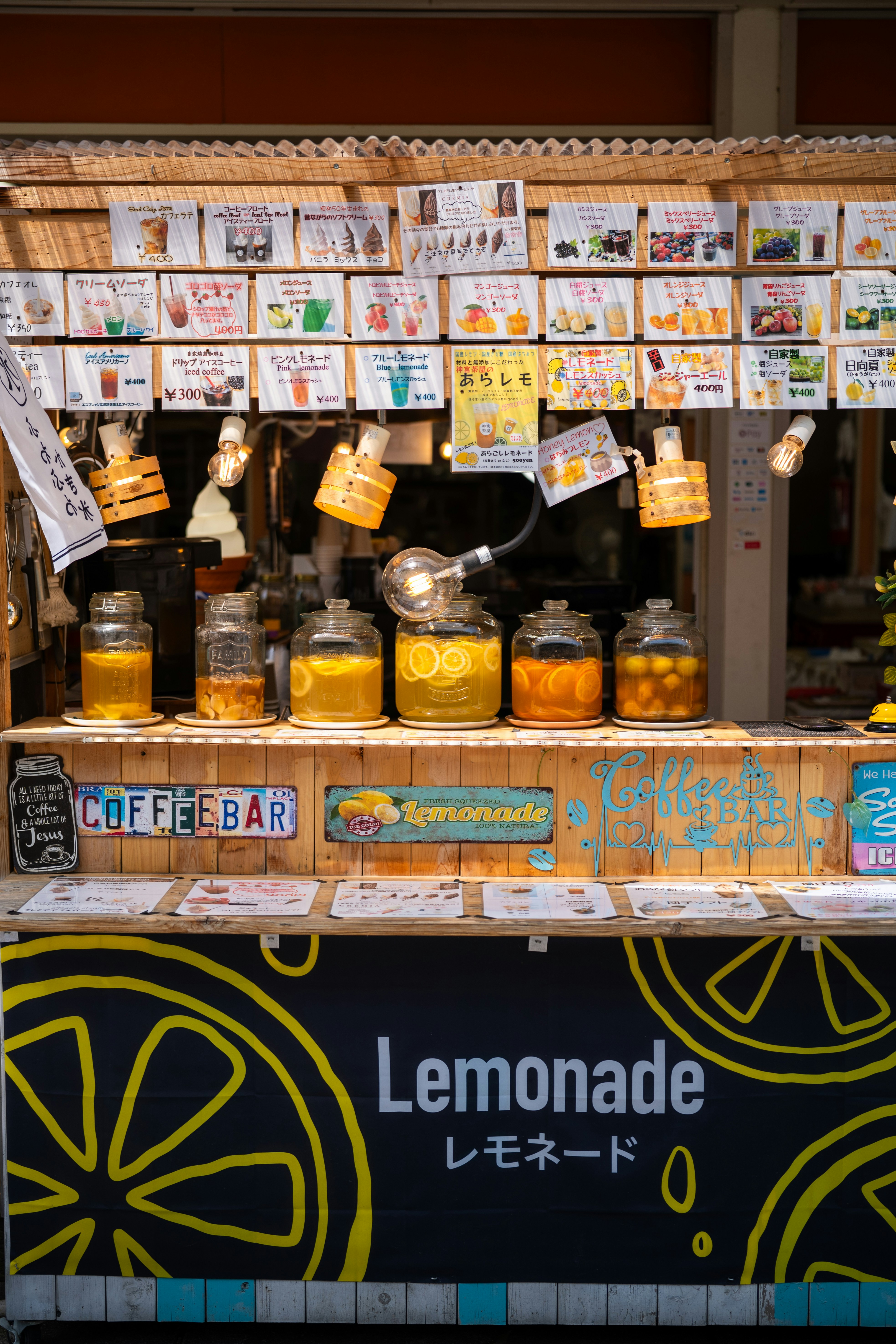 Citrus Carousel: A Row of Golden Juices at a Cozy Lemonade Stand