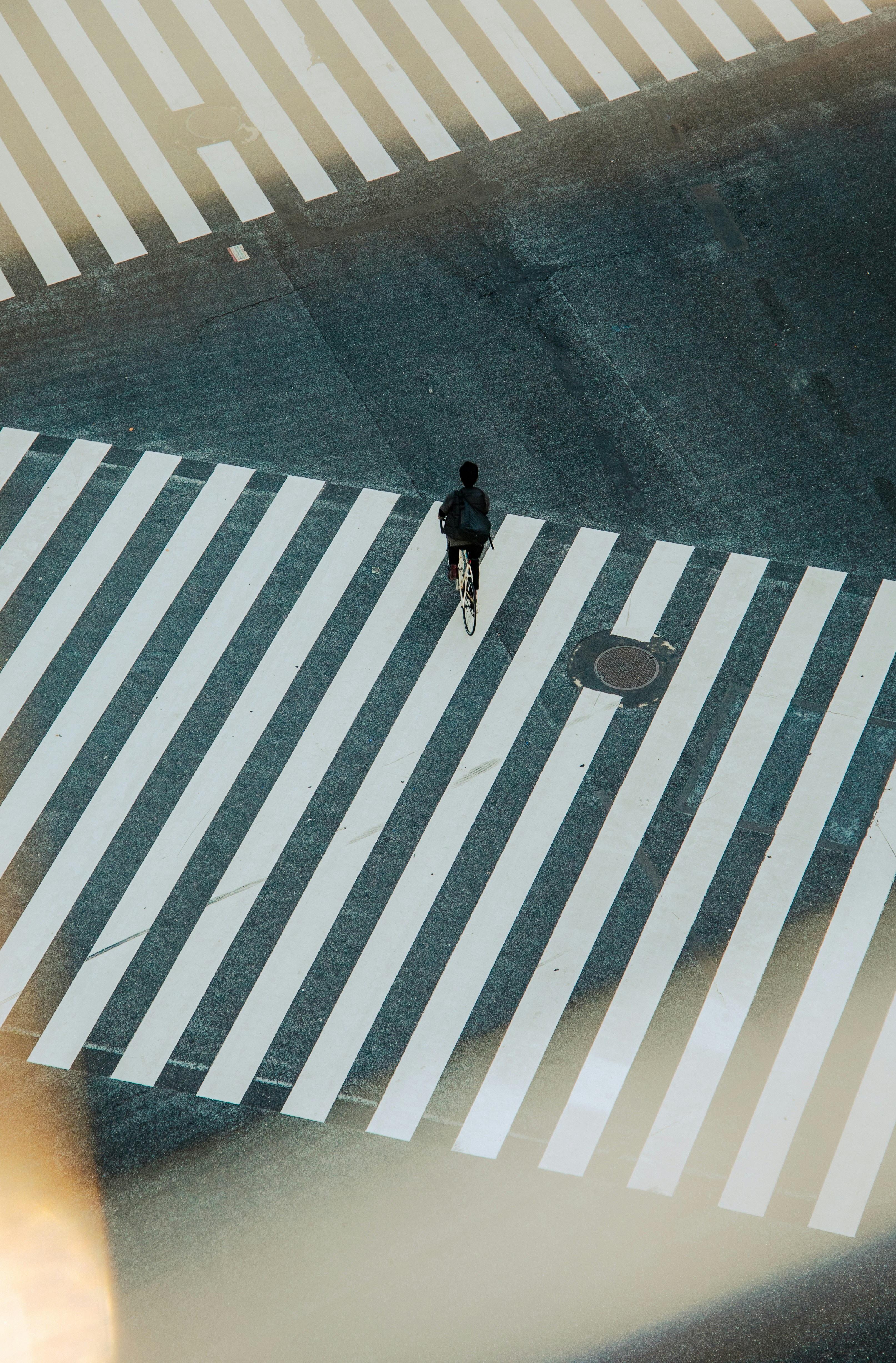 A cyclist crosses a zebra crossing from above. photo – Free Street ...
