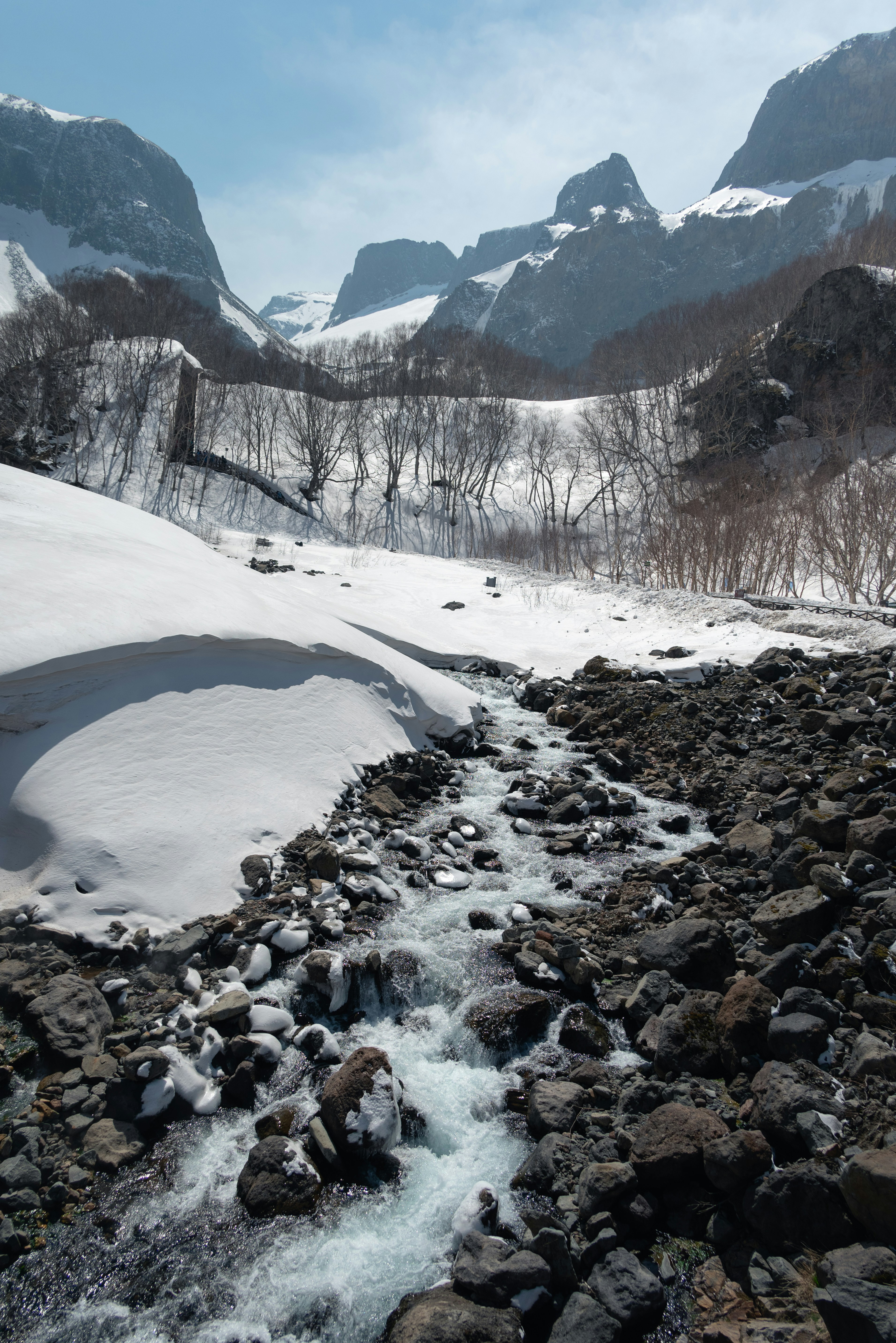 Snowbound River Cleaving Through Dark Basalt and Glittering Peaks