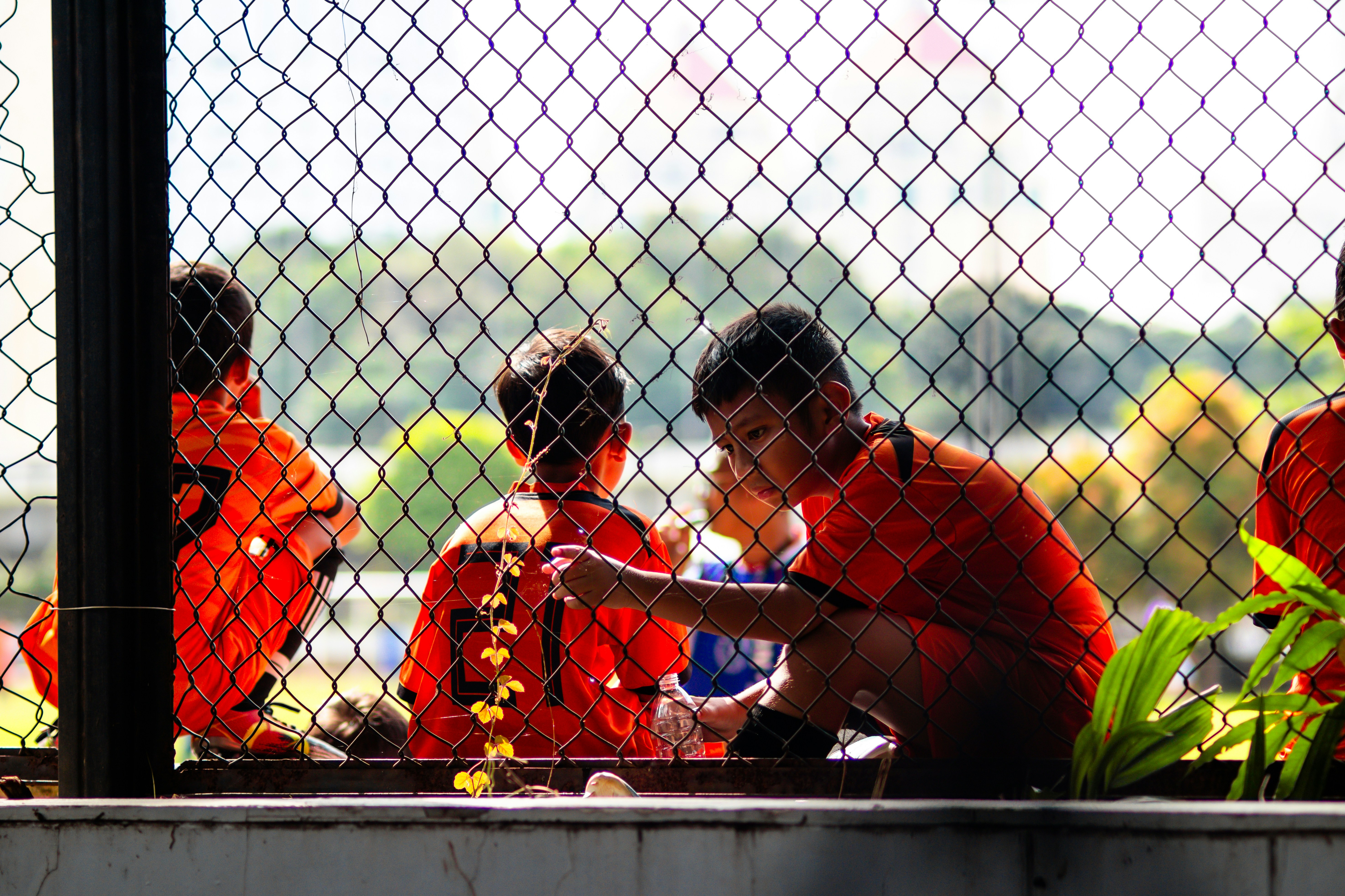 Children in orange jerseys sit behind a chain-link fence, engaged in playful activities, with greenery framing the scene.