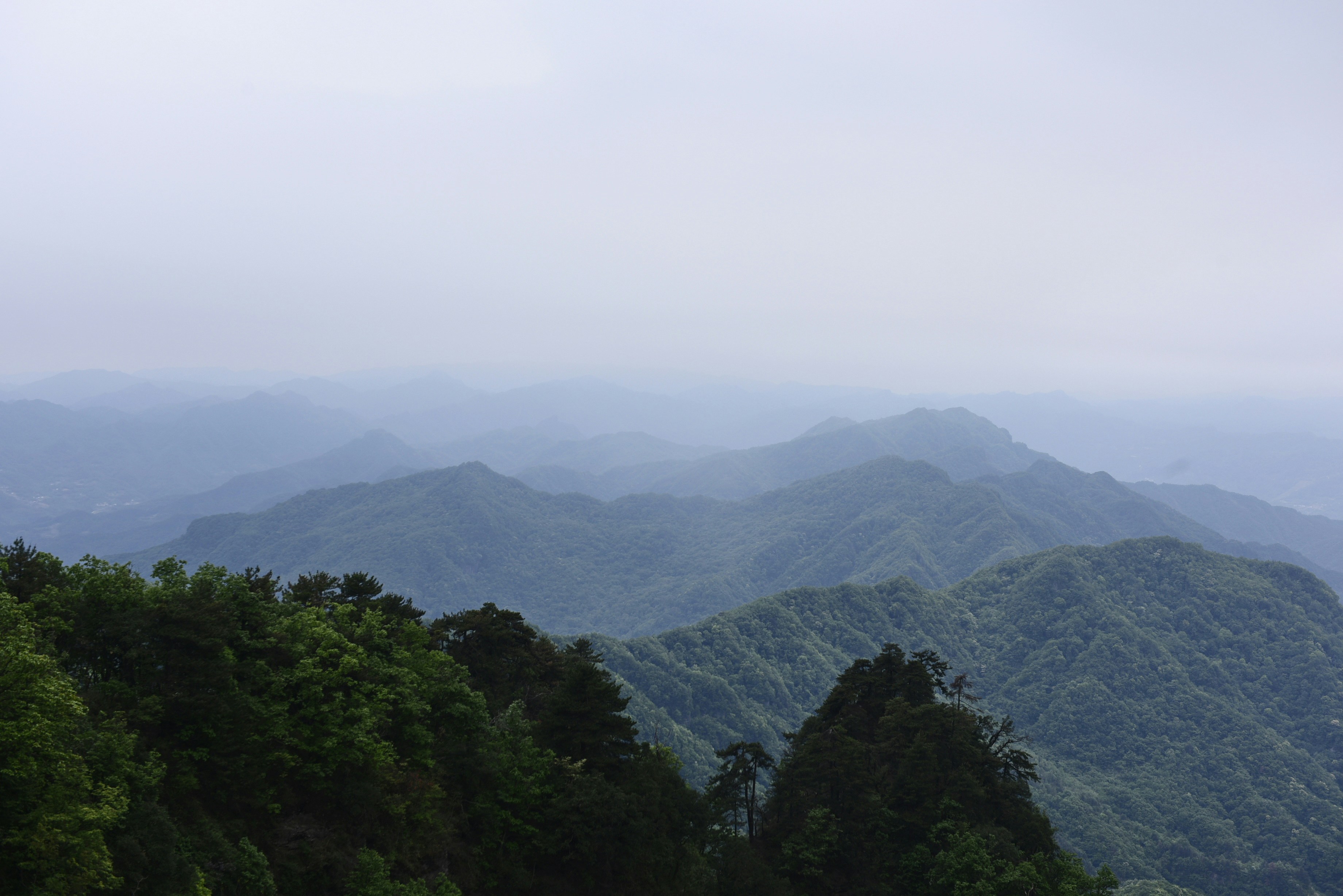 Layered mountain ranges shrouded in mist, creating a serene and tranquil landscape. The lush greenery contrasts with the distant peaks fading into the fog.