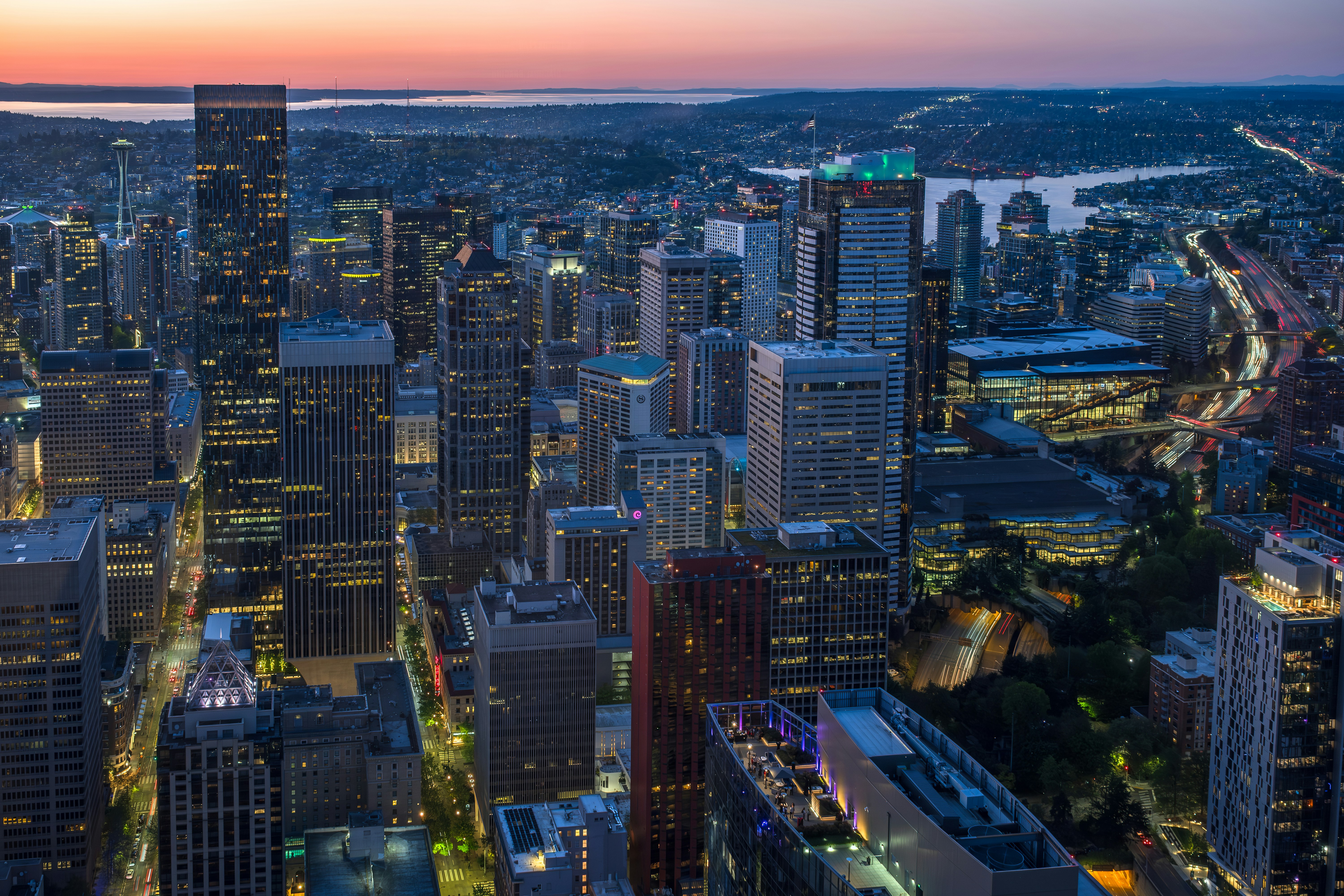 Sunset over Seattle Skyline, featuring Pudget Sound and Lake Union