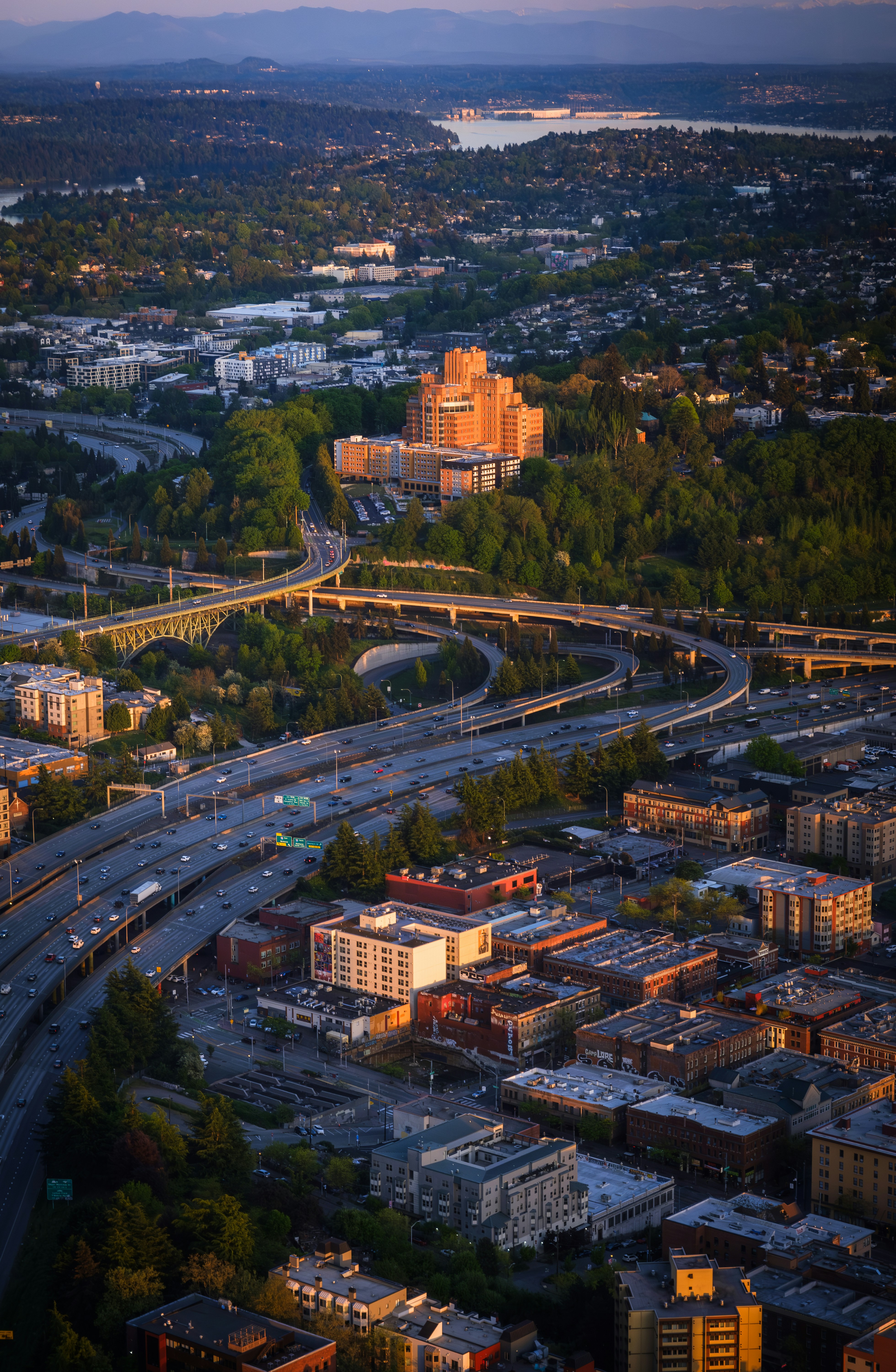 Sunset Spine: An Aerial Portrait of a City Interchange at Dusk