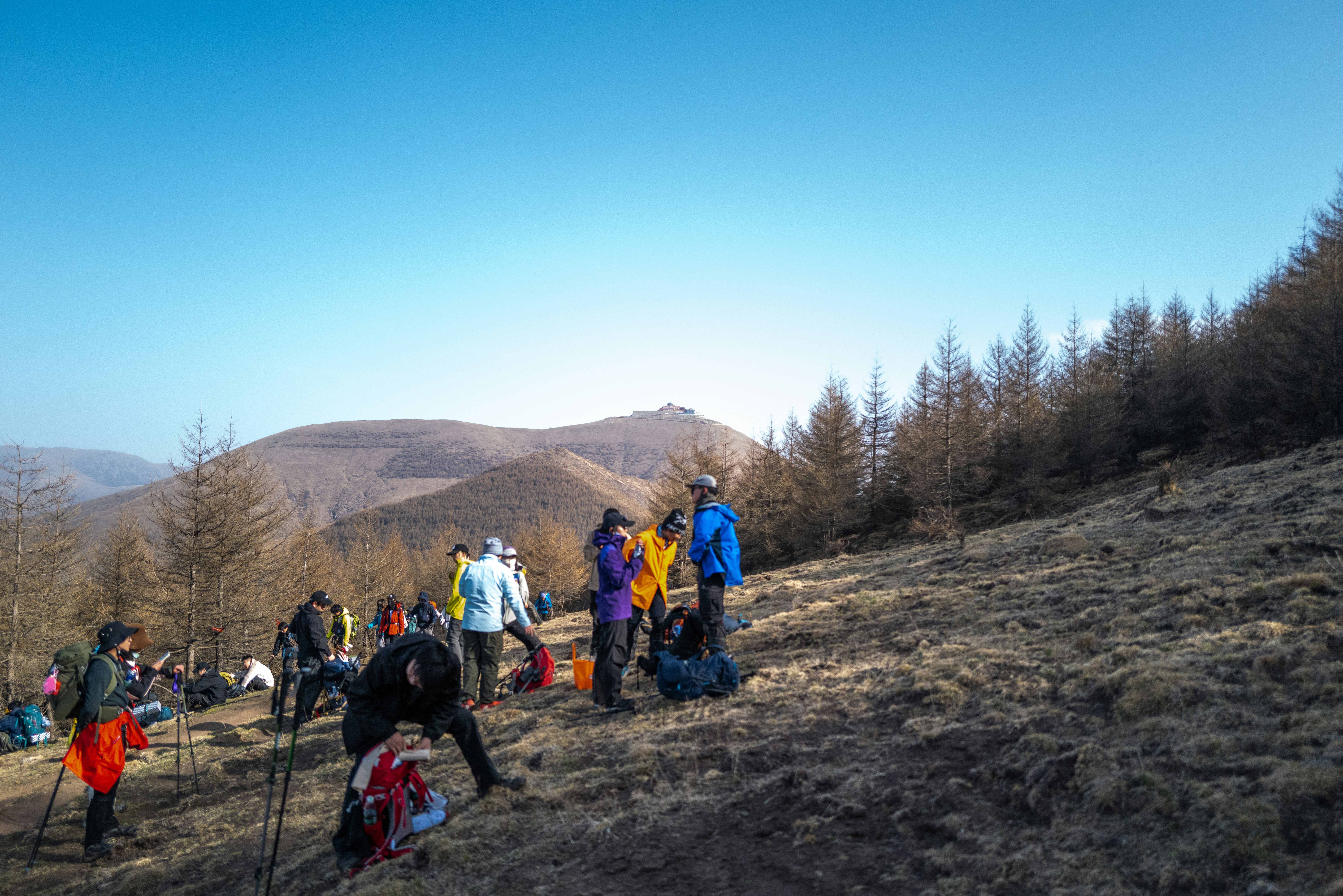 Hikers at a Mountain Pass: Group Portrait Beneath a Clear Sky