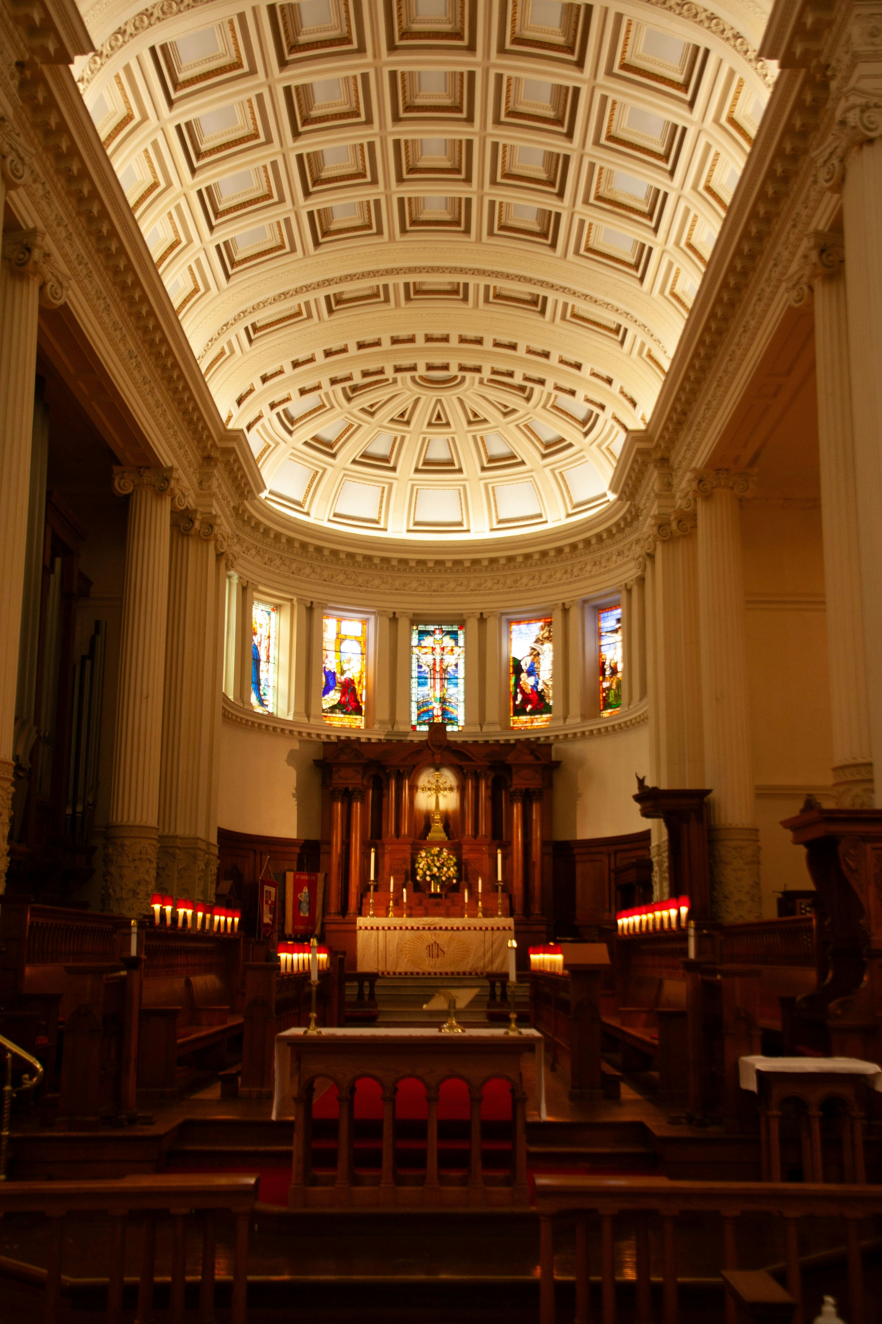 A beautiful church interior with stained glass windows. photo – Free ...