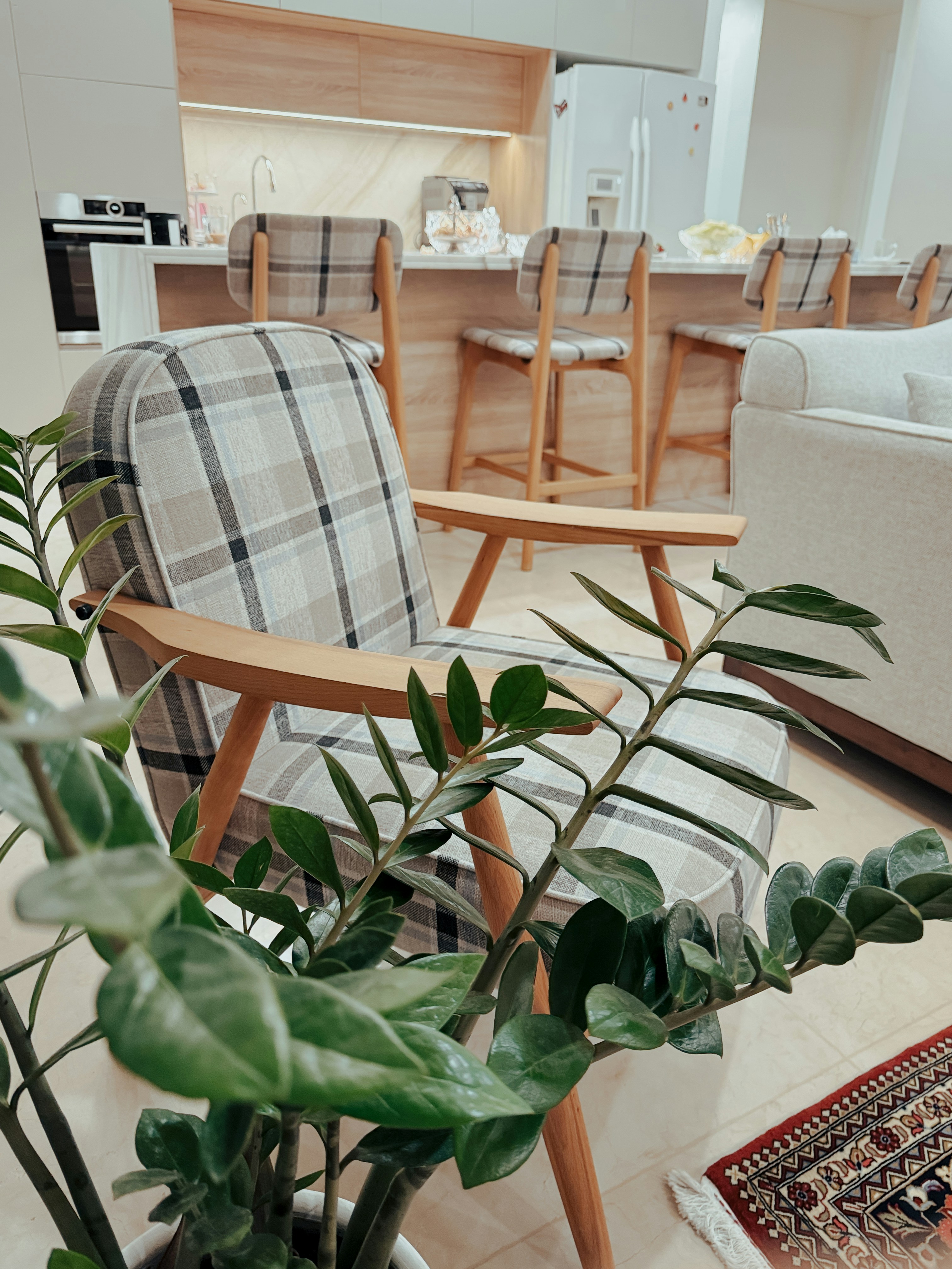 Sunlit Lounge with Plaid Chat Chair and Indoor Foliage