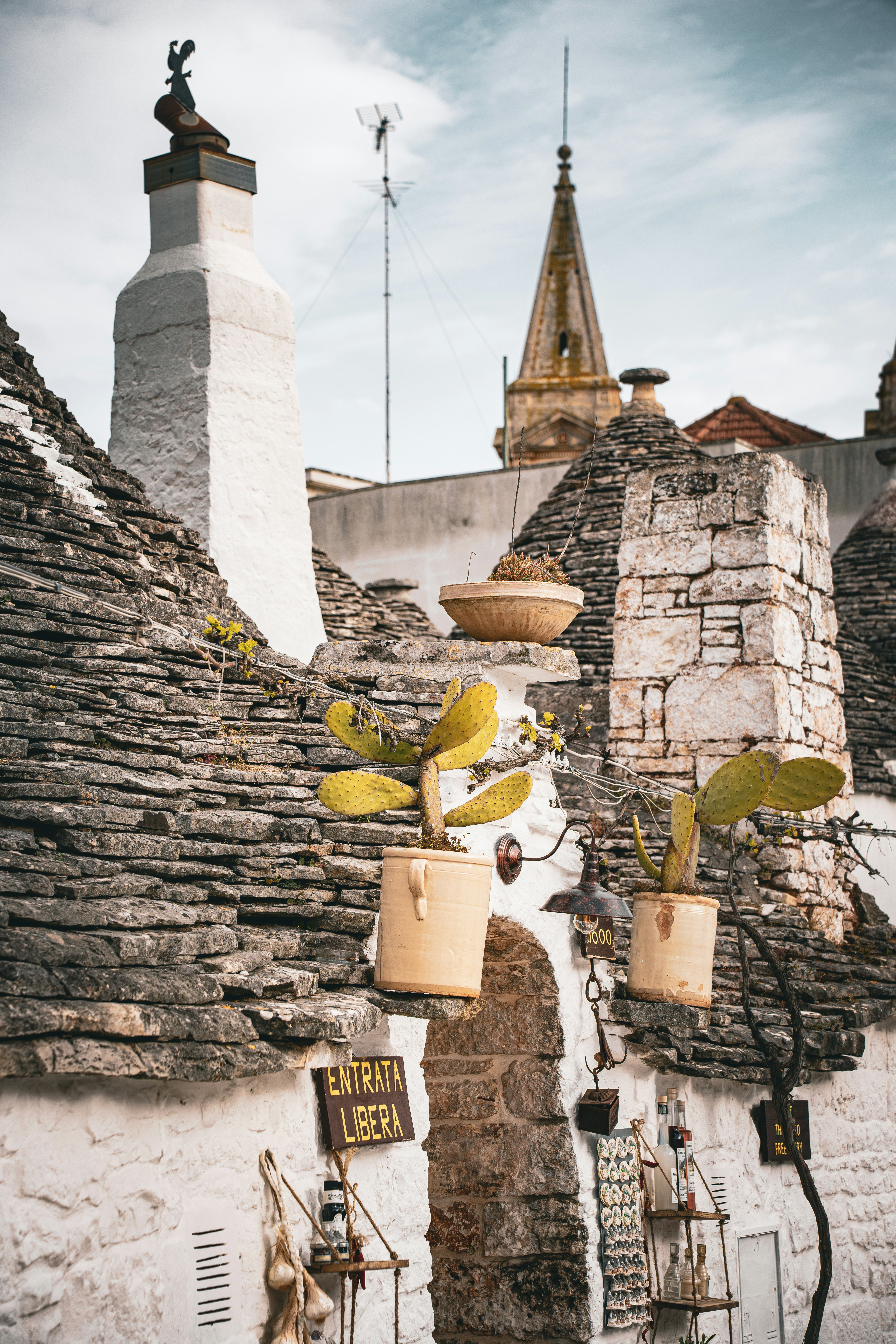 Trulli houses with cacti and interesting architecture are shown.
