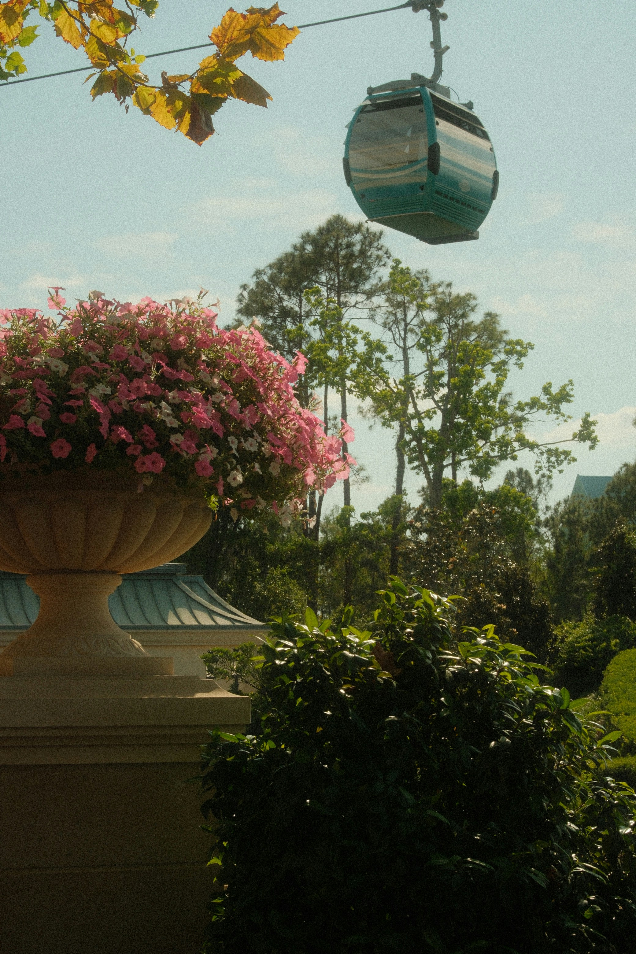 A gondola car glides above lush floral arrangements.