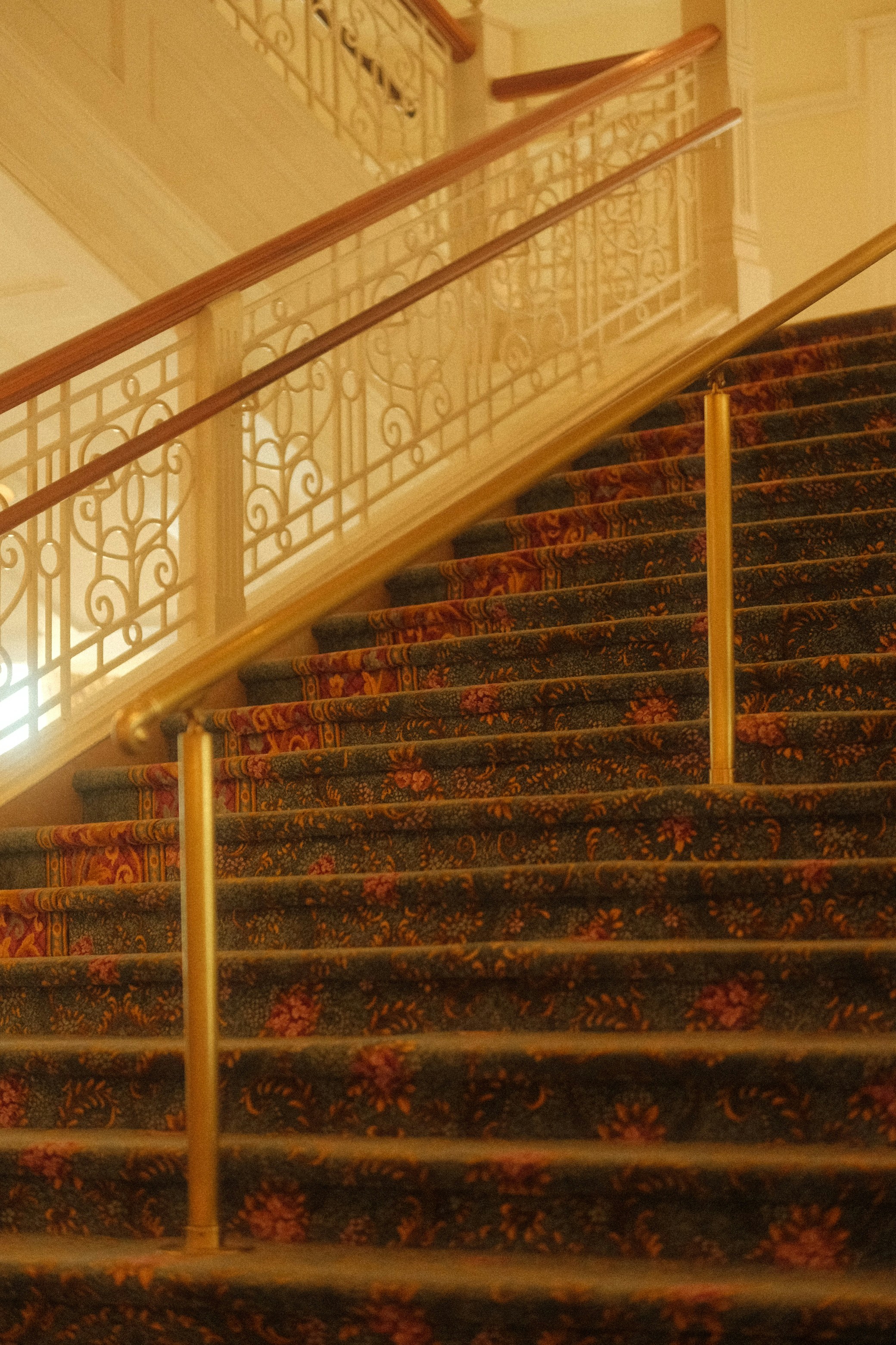 Elegant staircase with patterned carpet and gilded rails. photo – Free ...