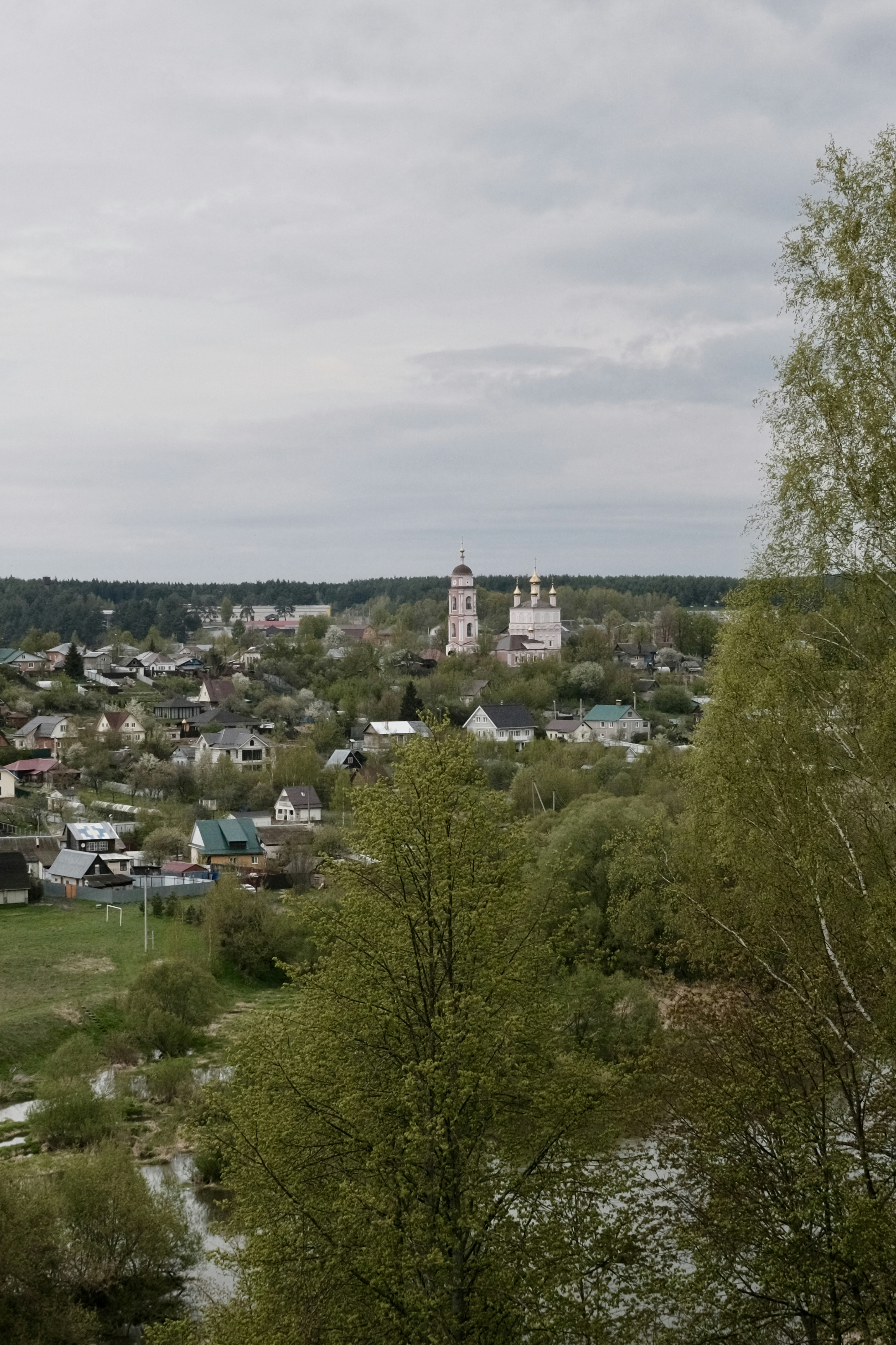 Lush green landscape featuring a serene village with a church and traditional houses under a cloudy sky.
