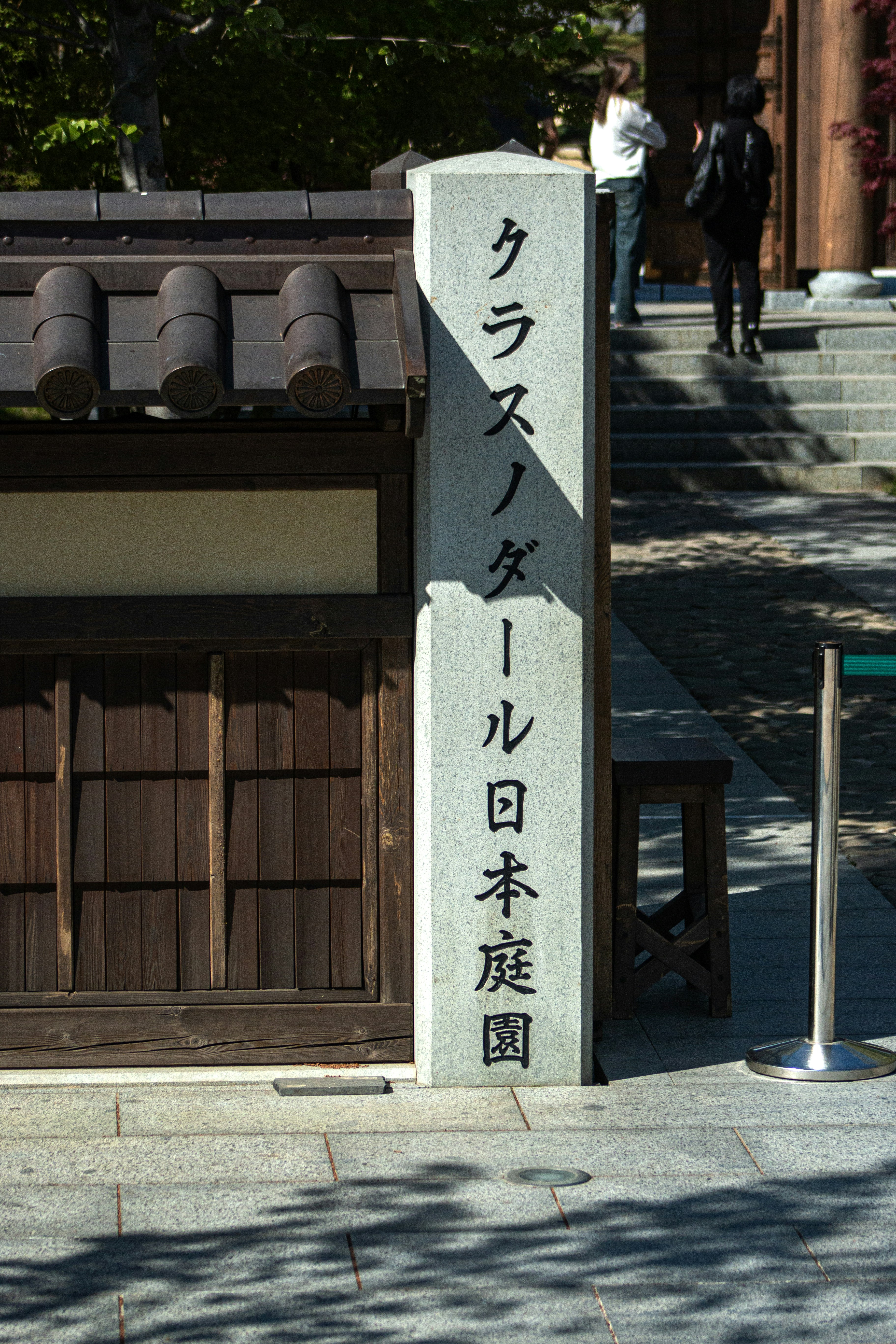 Japanese garden sign with architecture and people.
