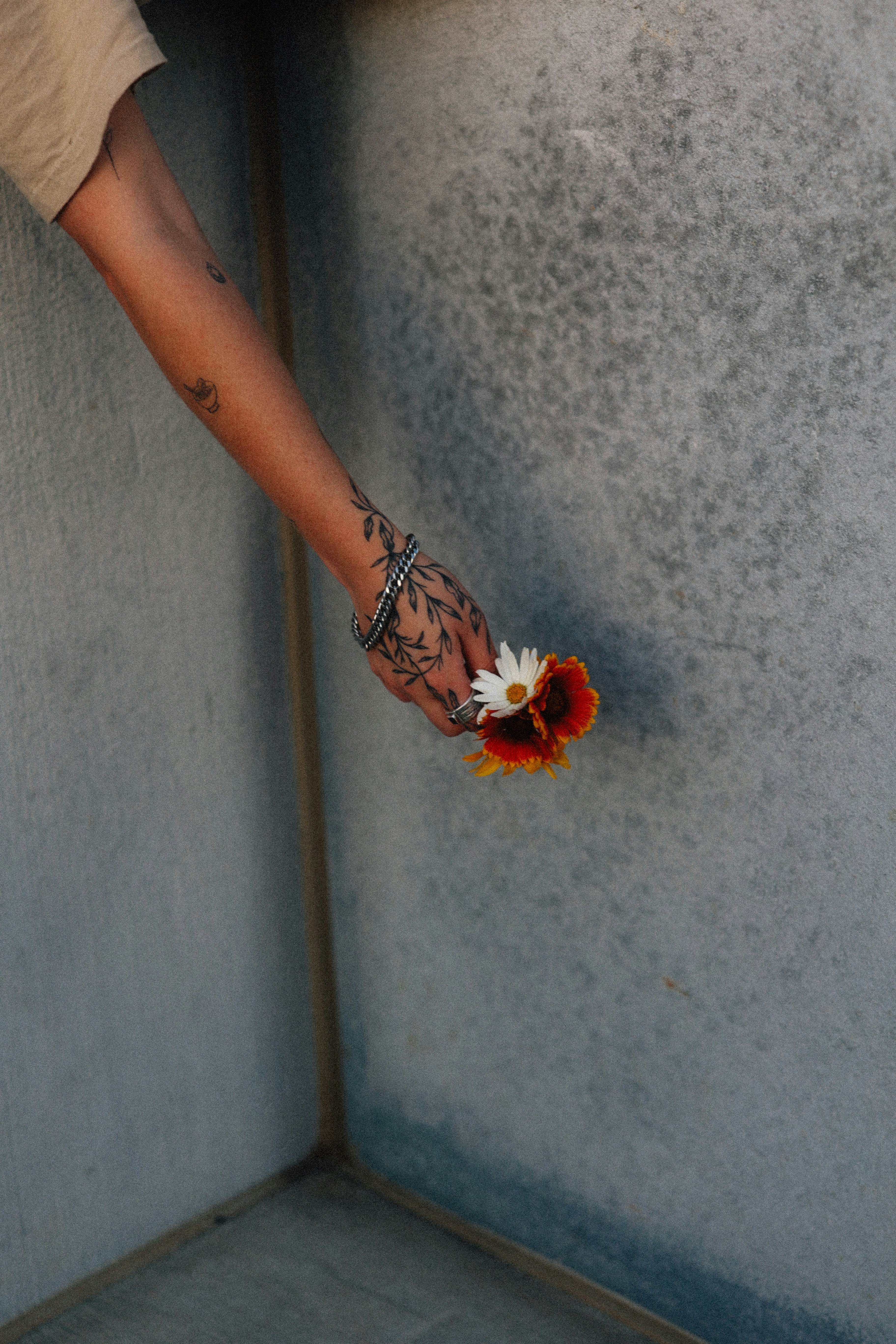 Petaled Gesture on a Weathered Blue Corner