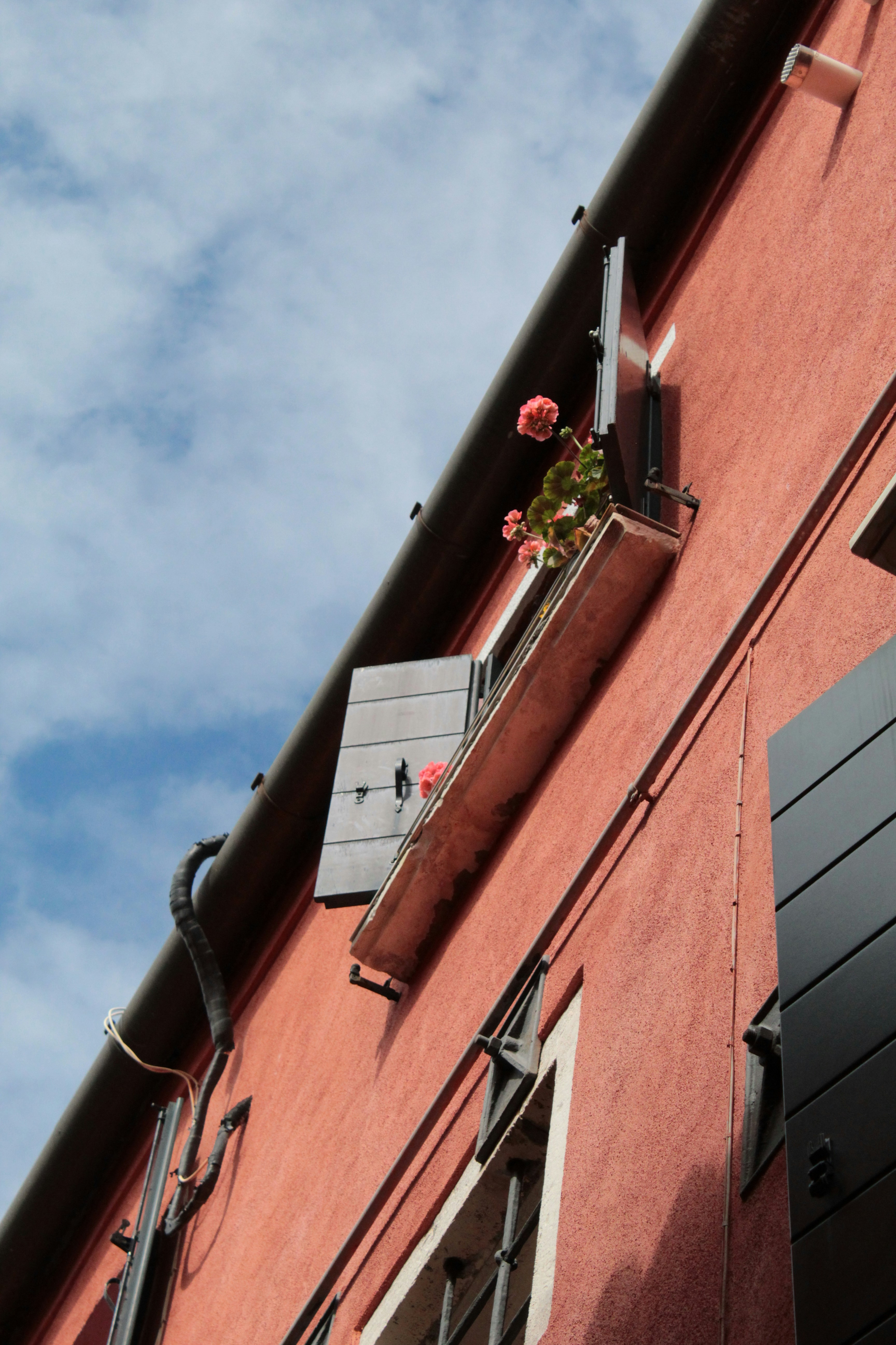 Red Balcony Bloom: A Diagonal View of City Color