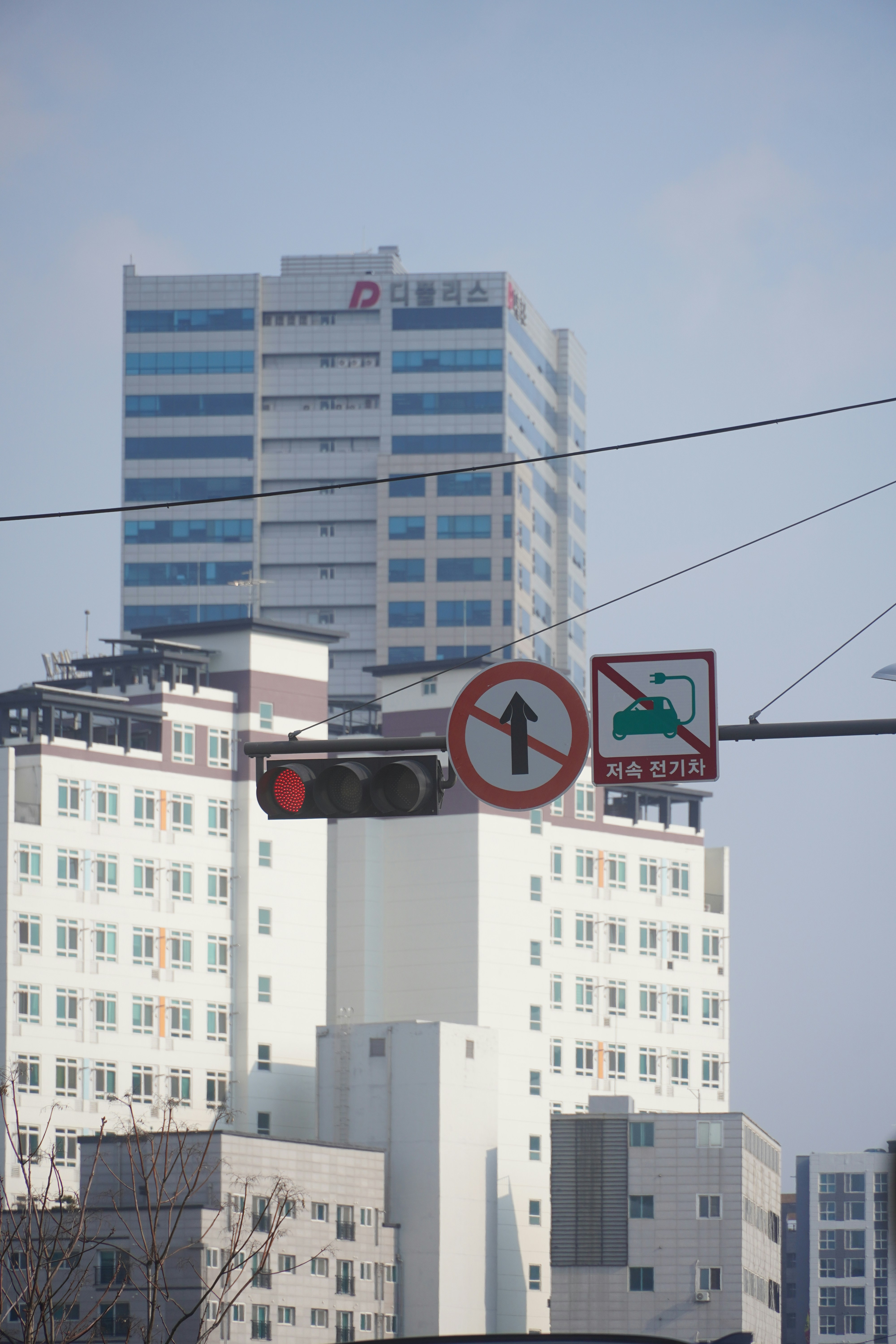 Skyline Framed by Street Signals and Suspended Cables