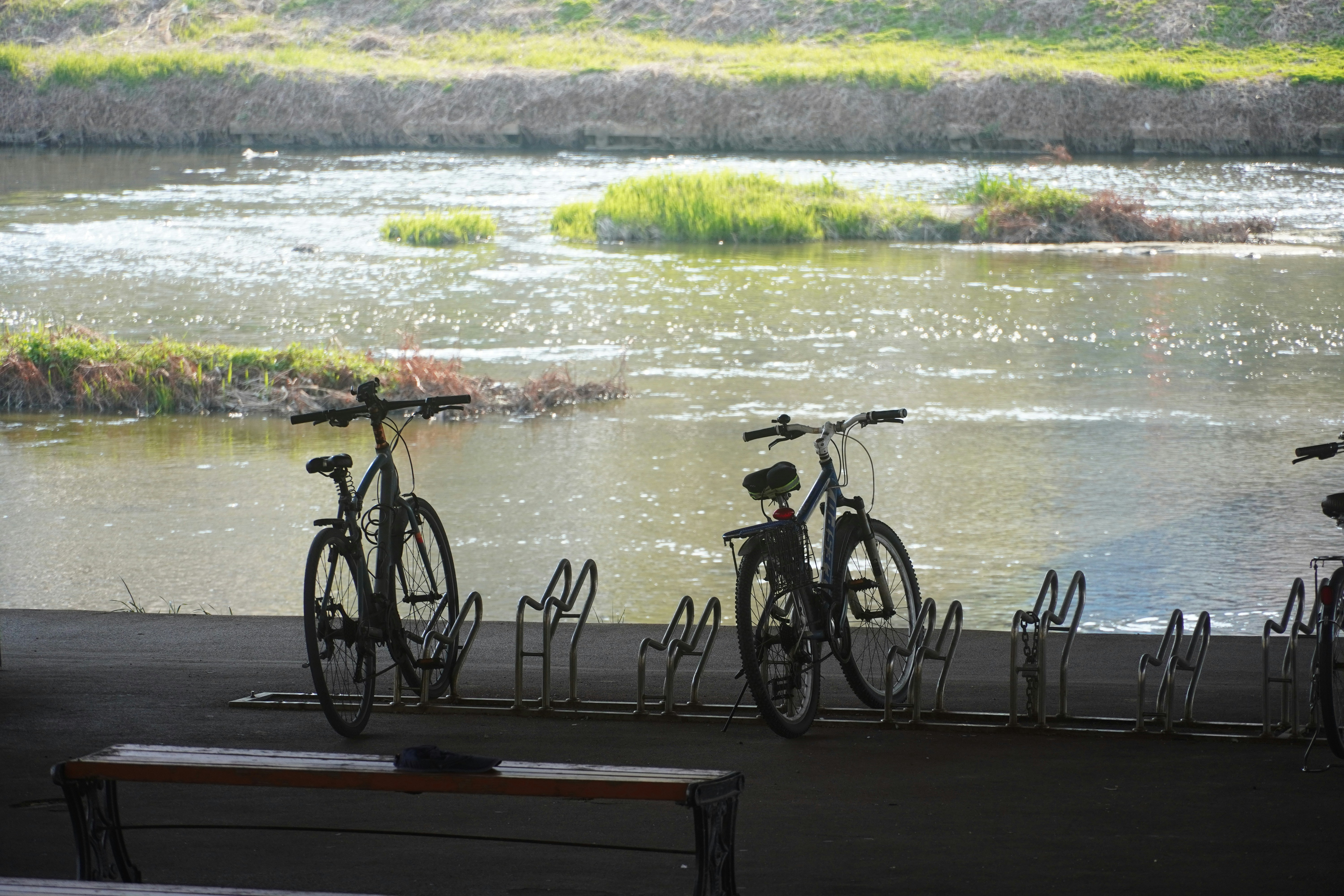 Two Bicycles Resting at a Shaded Riverside Walk