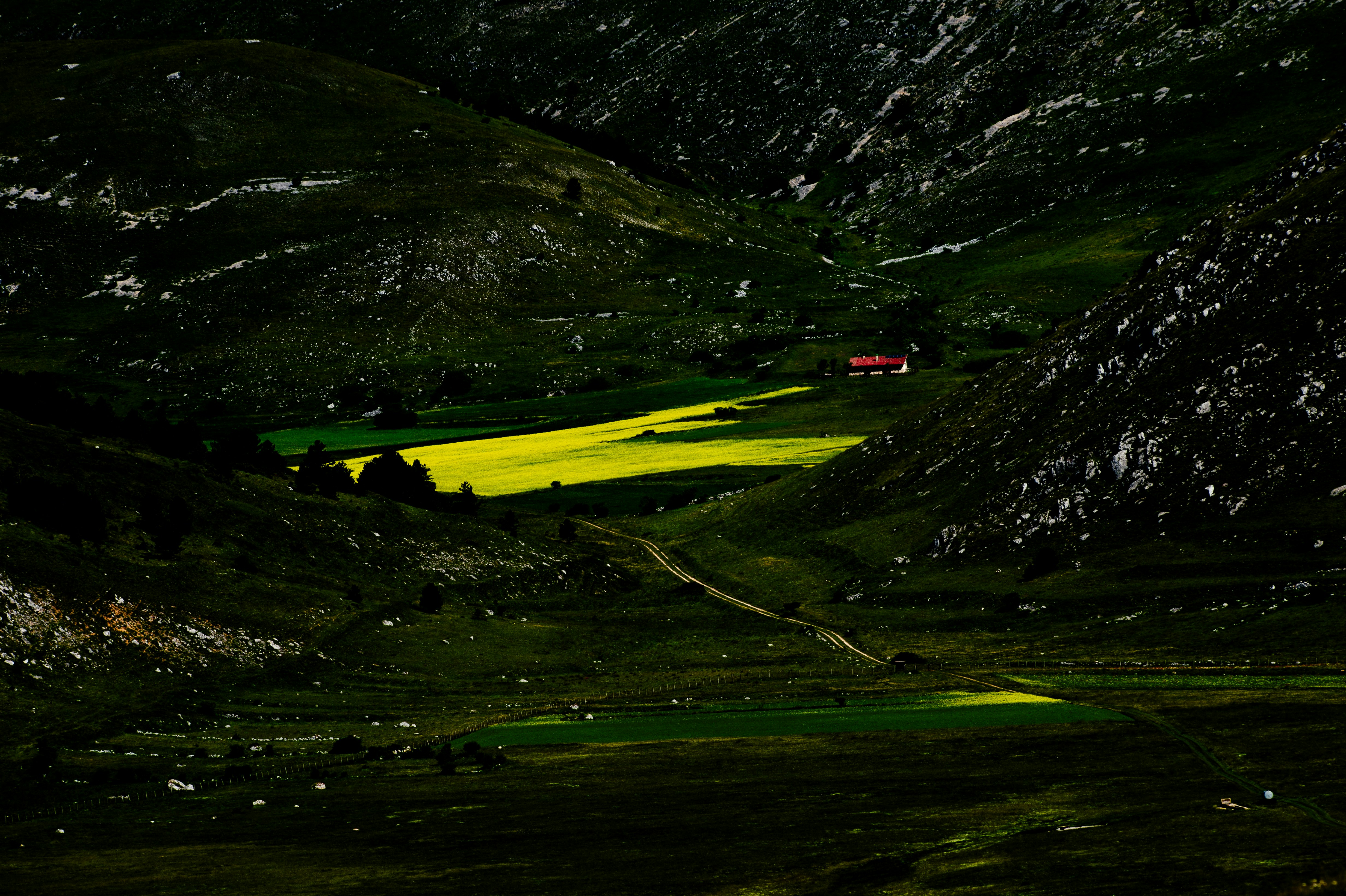 Ribbons of Sun Through a Shadowed Alpine Valley