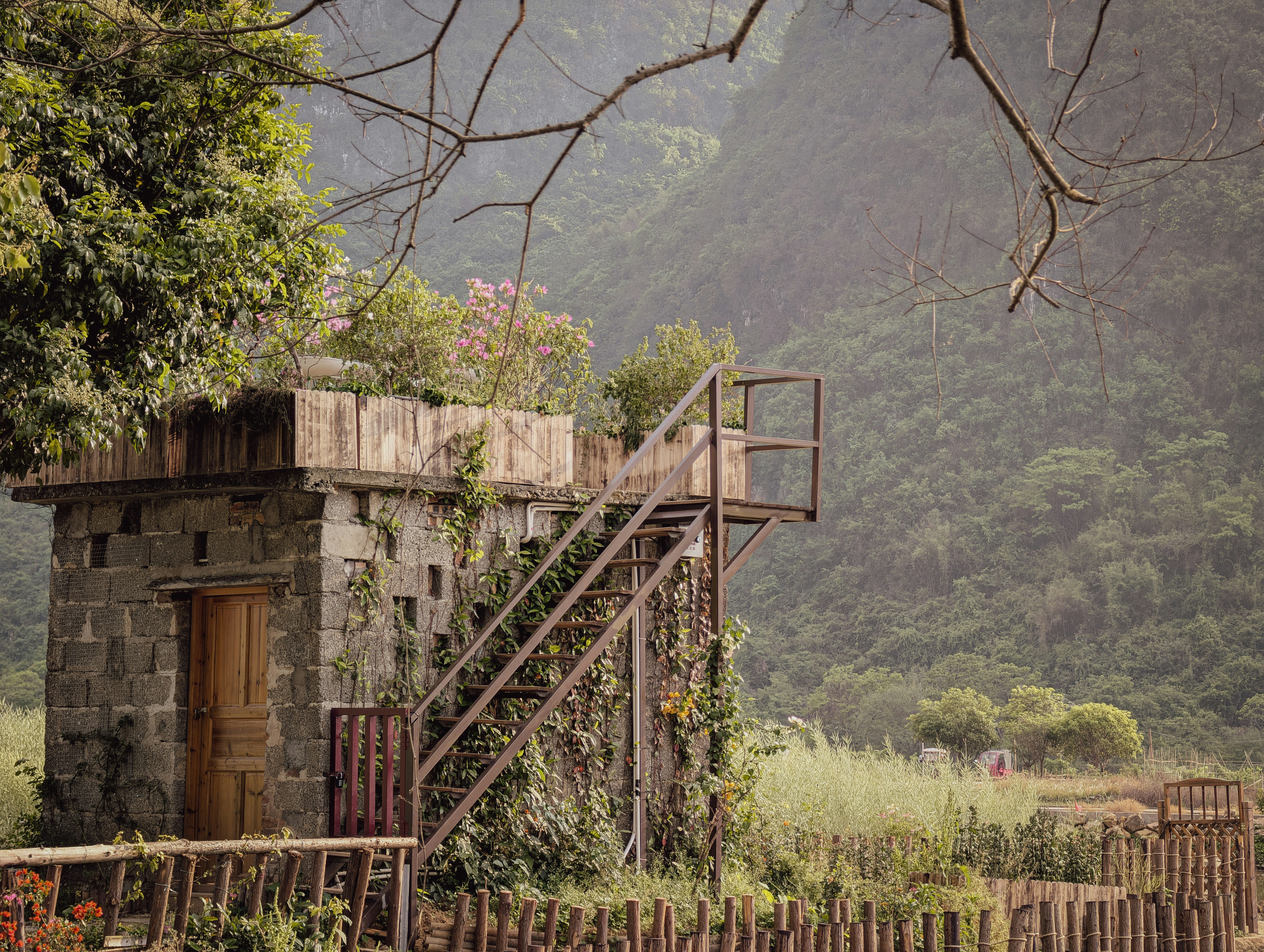 Wooden Lookout above a tranquil valley