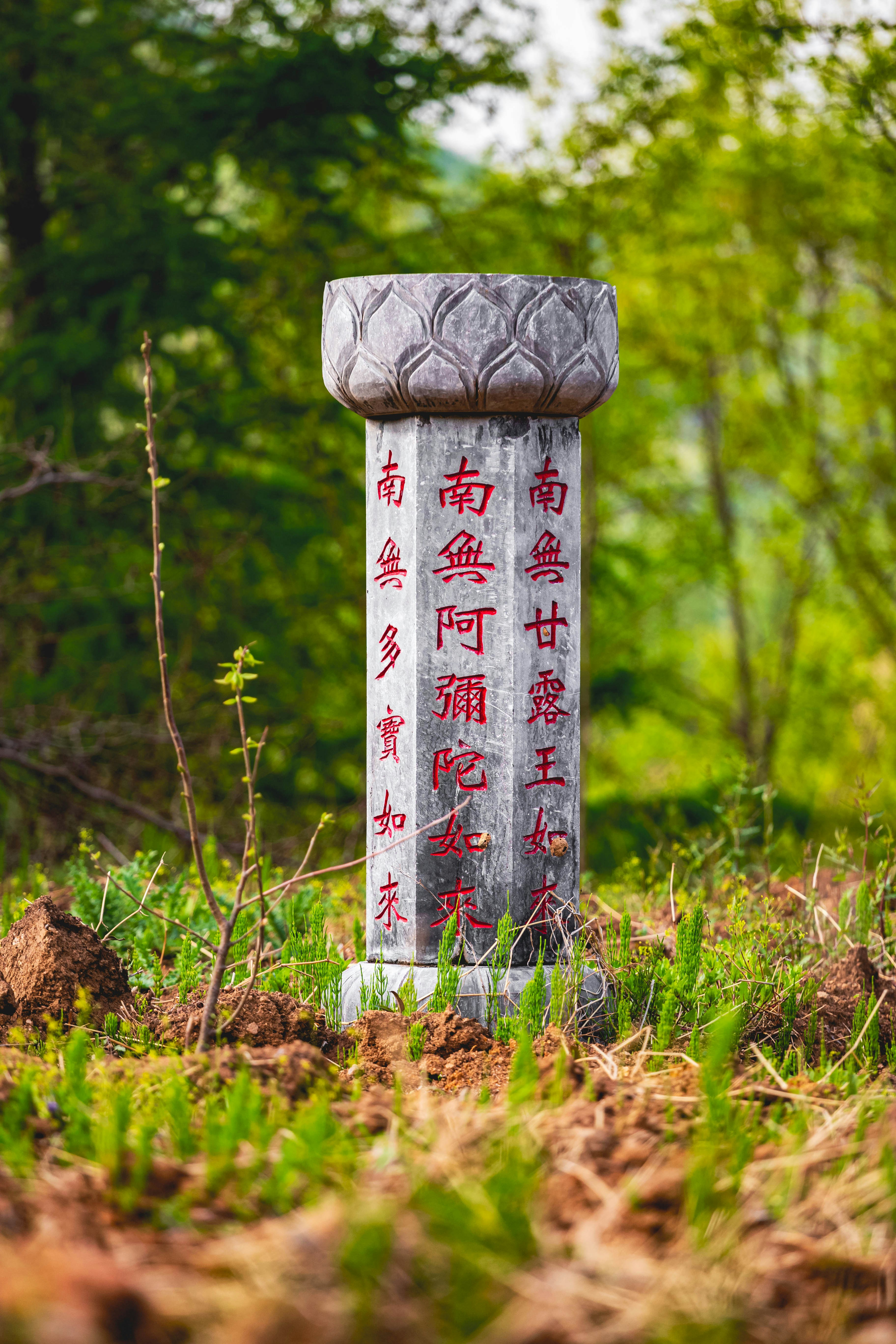 Red Script Pillar in a Quiet Spring Clearing