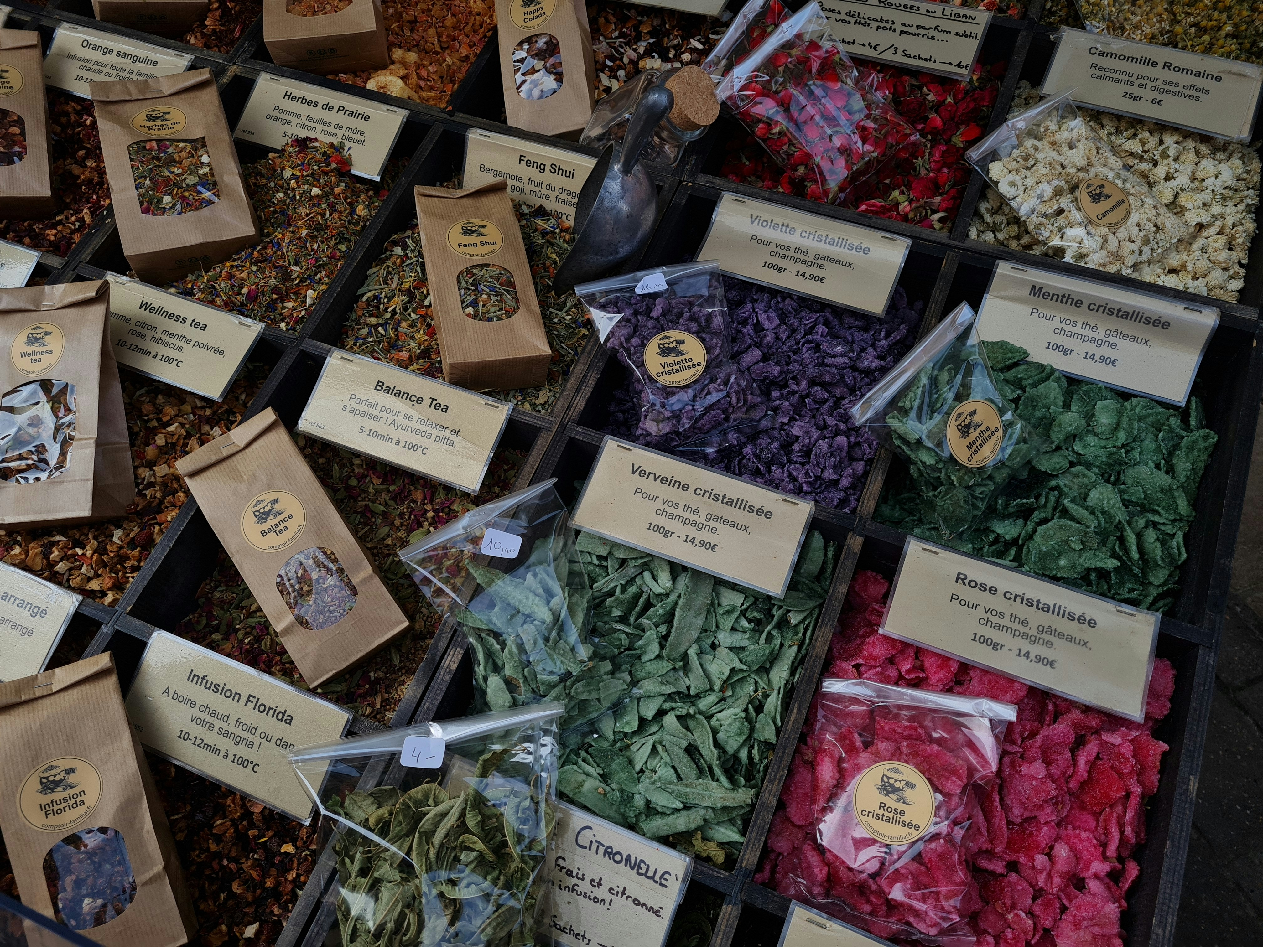 Palette of dried herbs: a market stall mosaic